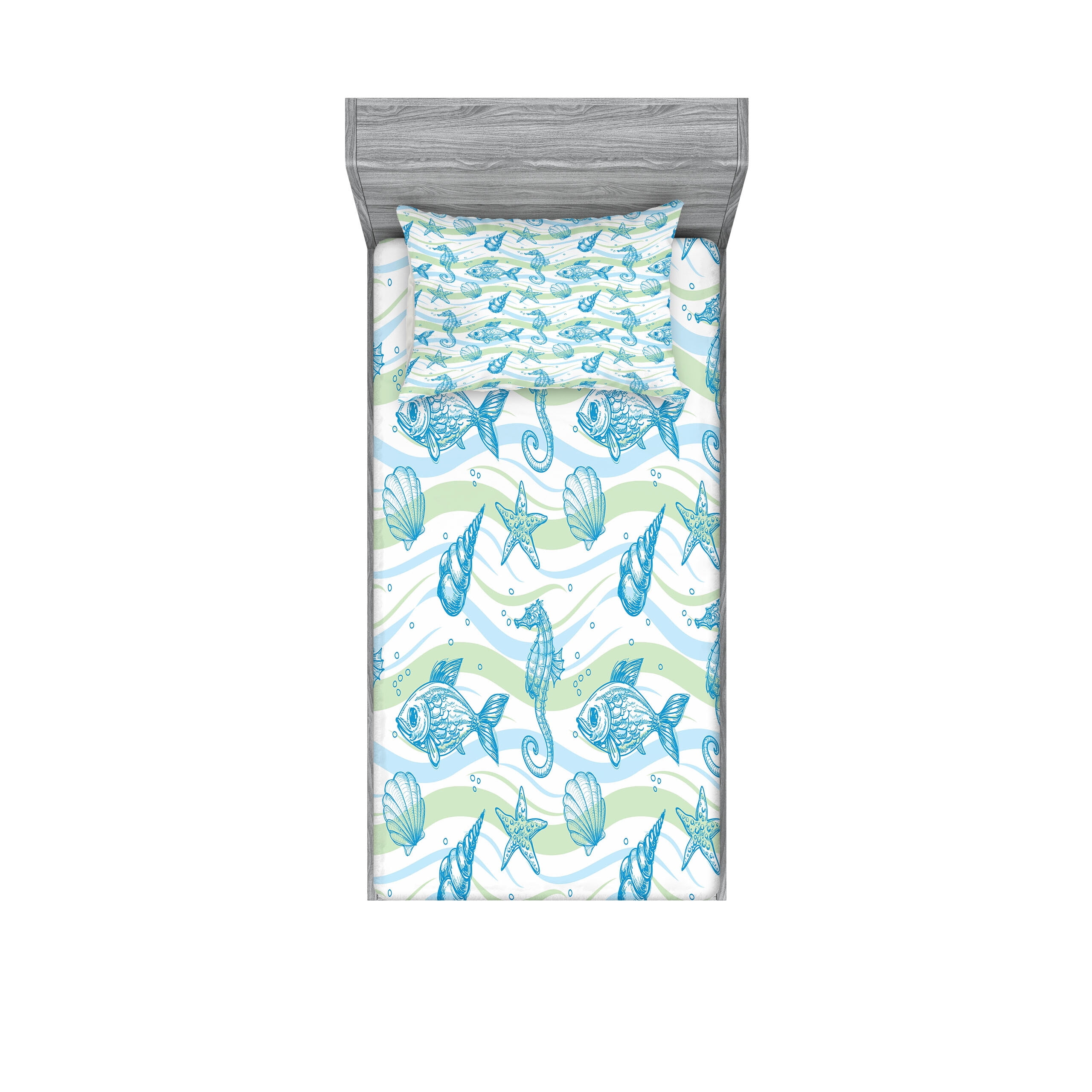 Ambesonne Nautical Fitted Sheet & Pillow Sham Set, Ocean Shell Starfish ...