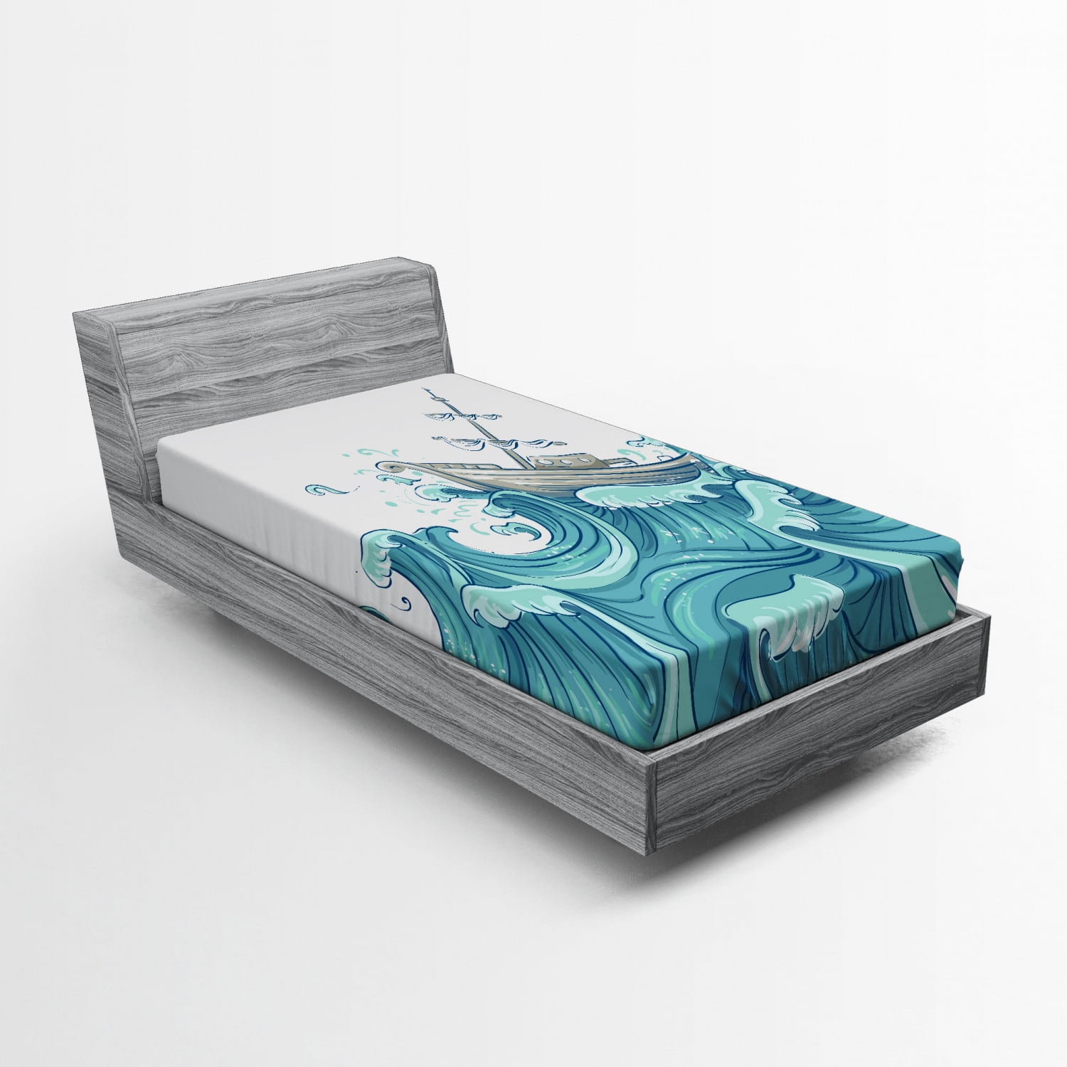 Ambesonne Nautical Fitted Sheet, Ship and Ocean Waves, Twin Size, Aqua ...