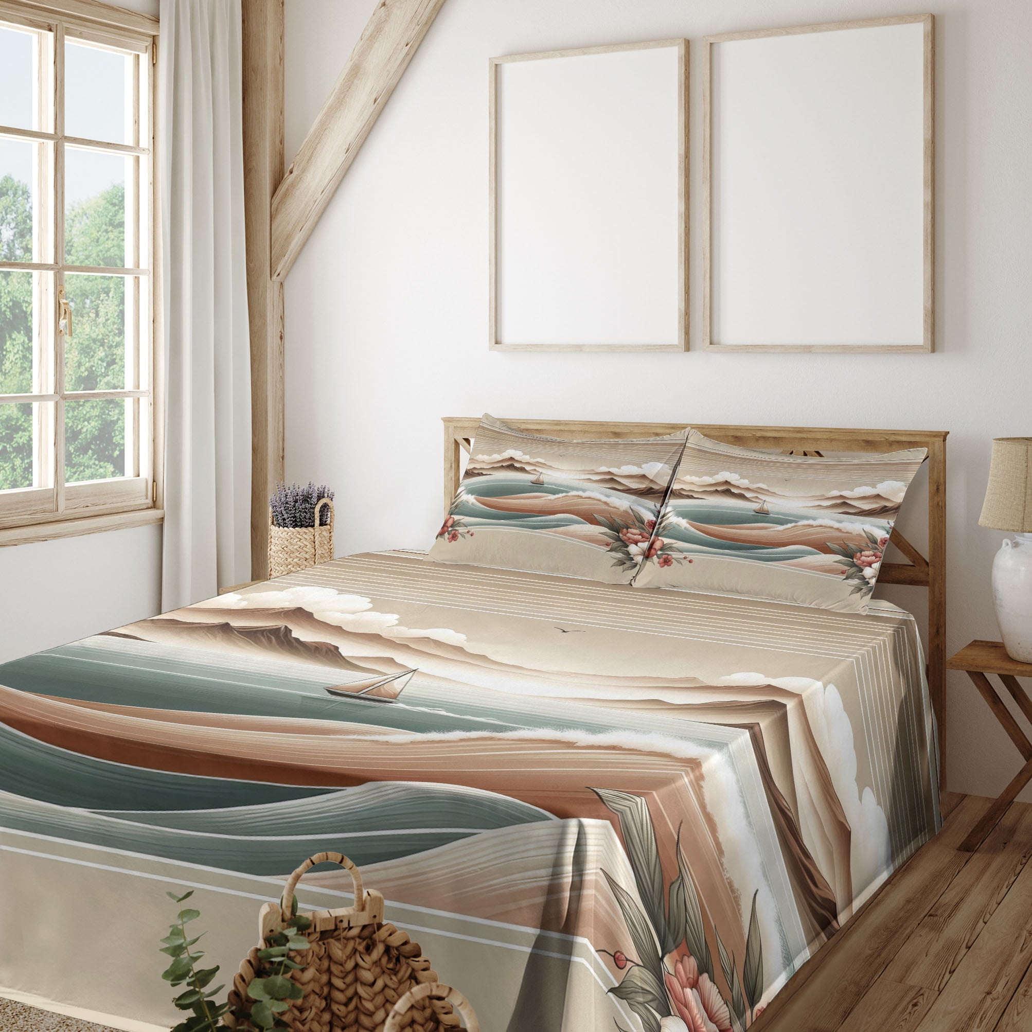 Ambesonne Nautical Fitted & Top Sheet Set with Sham, Serene Horizon ...