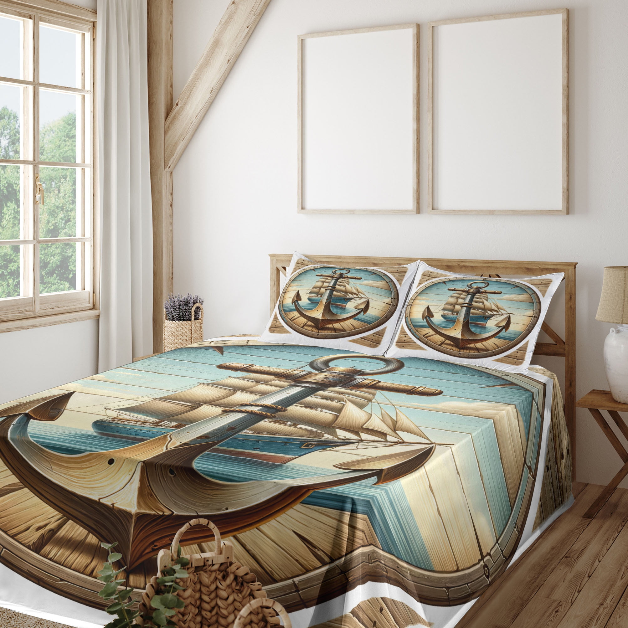 Ambesonne Nautical Fitted & Top Sheet Set with Sham, Vintage Maritime ...