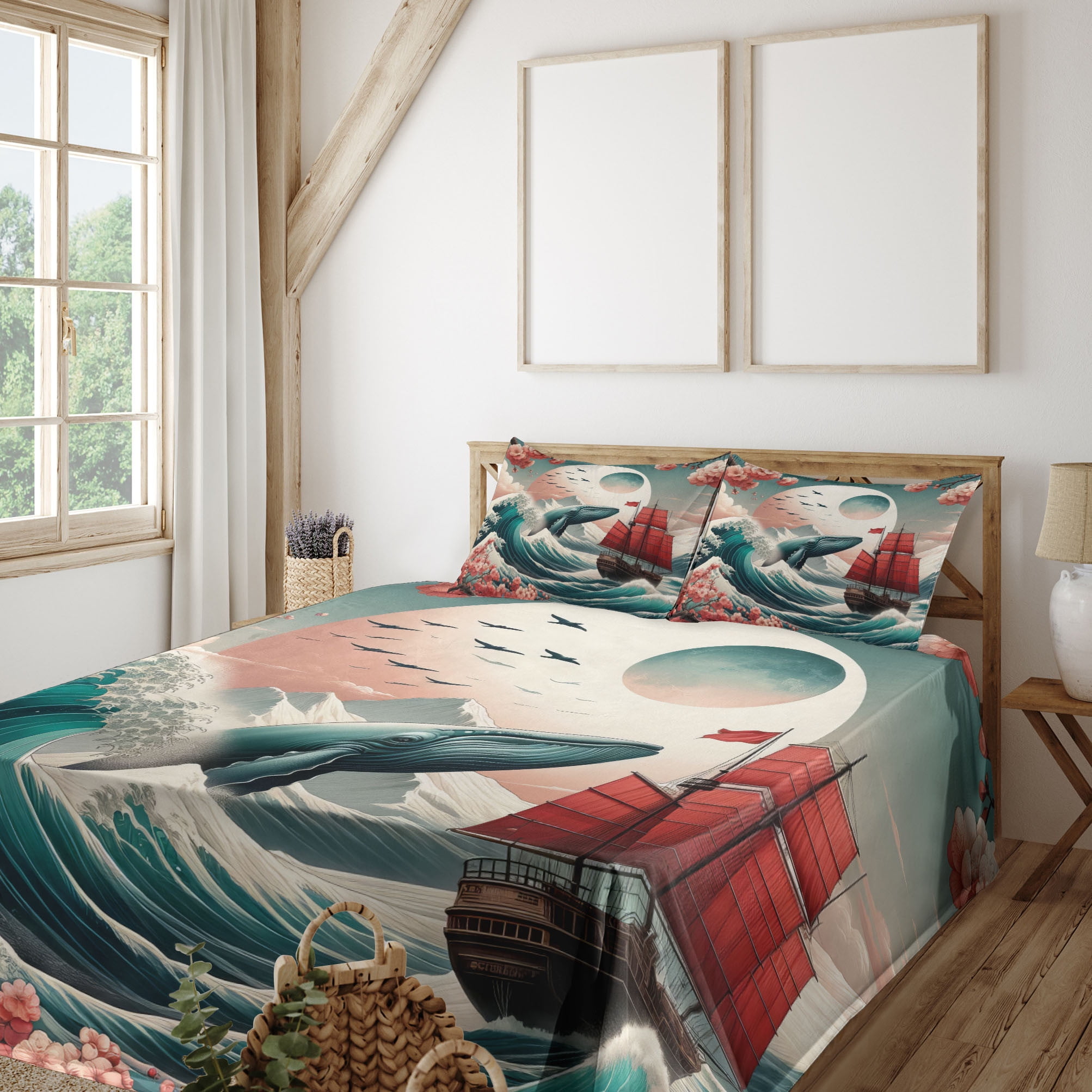 Ambesonne Nautical Fitted & Top Sheet Set with Sham, Whale Sakura ...