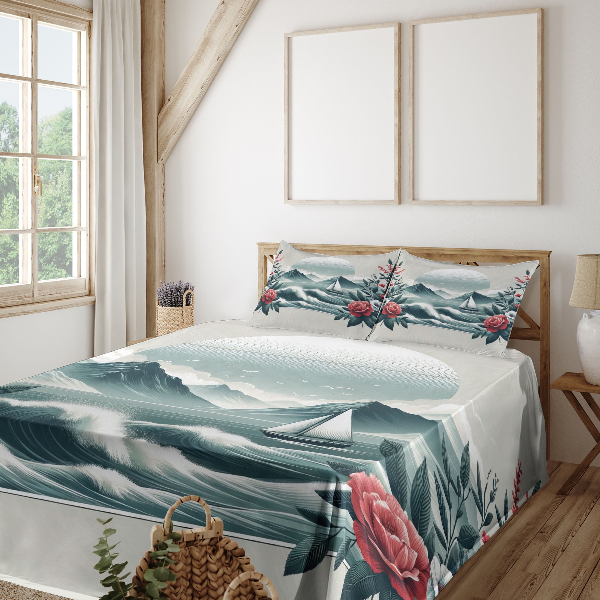 Ambesonne Nautical Fitted & Top Sheet Set with Sham, Wild Roses and ...