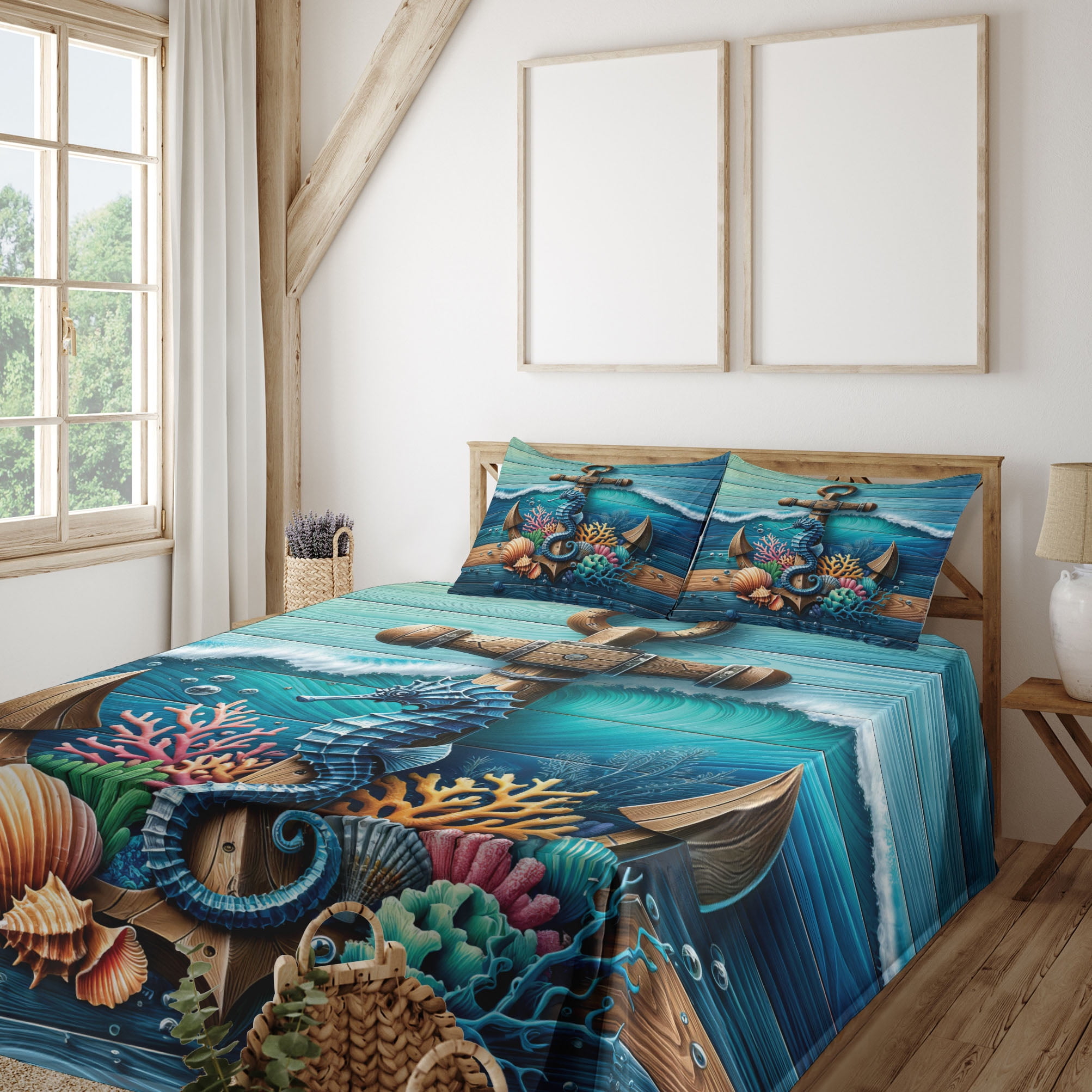 Ambesonne Nautical Fitted & Top Sheet Set with Shams, Anchor Deep Ocean ...