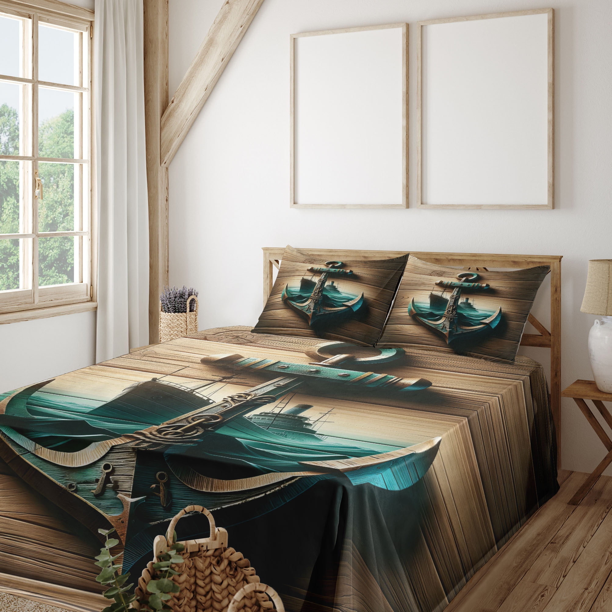 Ambesonne Nautical Fitted & Top Sheet Set with Shams, Anchor with ...