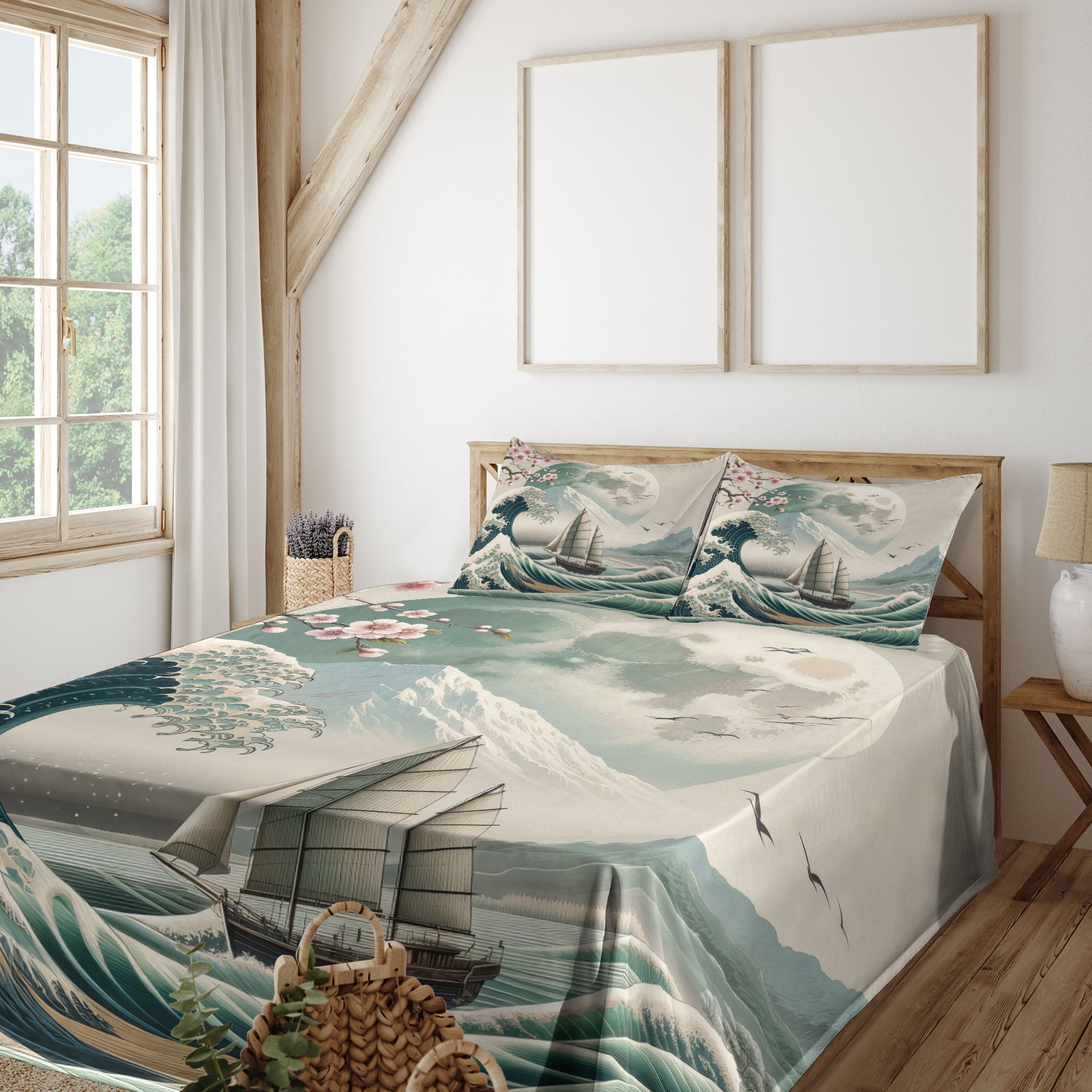 Ambesonne Nautical Fitted & Top Sheet Set with Shams, Asian Wave Cherry ...