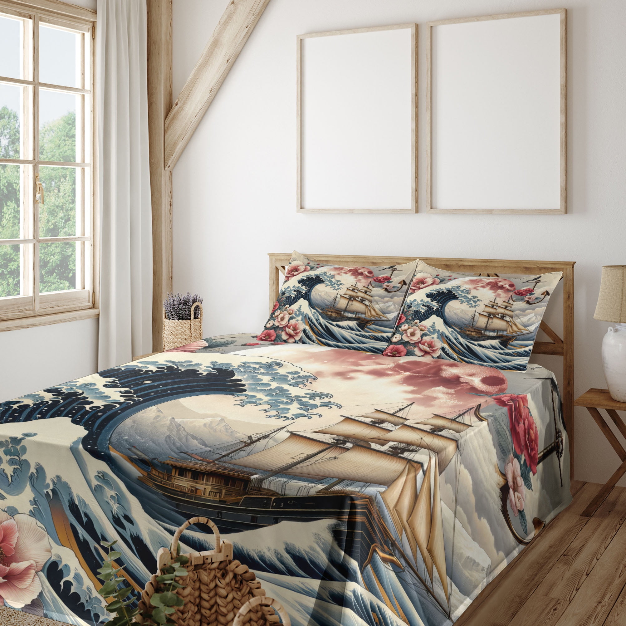 Ambesonne Nautical Fitted & Top Sheet Set with Shams, Floral Japanese ...