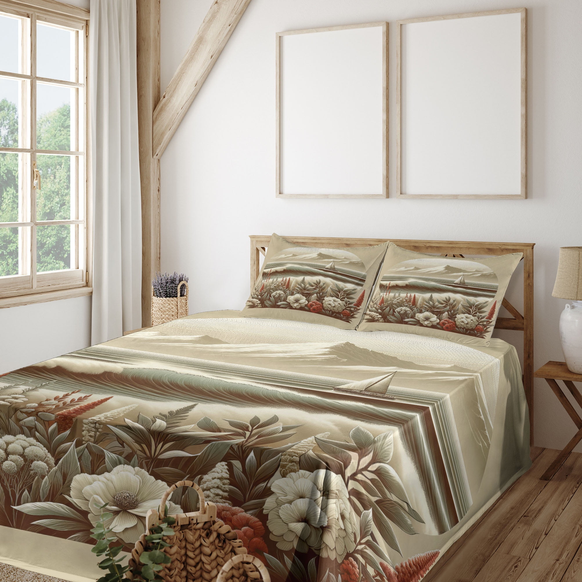 Ambesonne Nautical Fitted & Top Sheet Set with Shams, Floral Sea Shore ...