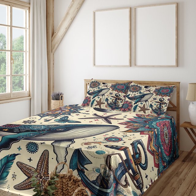 Ambesonne Nautical Fitted & Top Sheet Set with Shams, Mandala Feathers ...