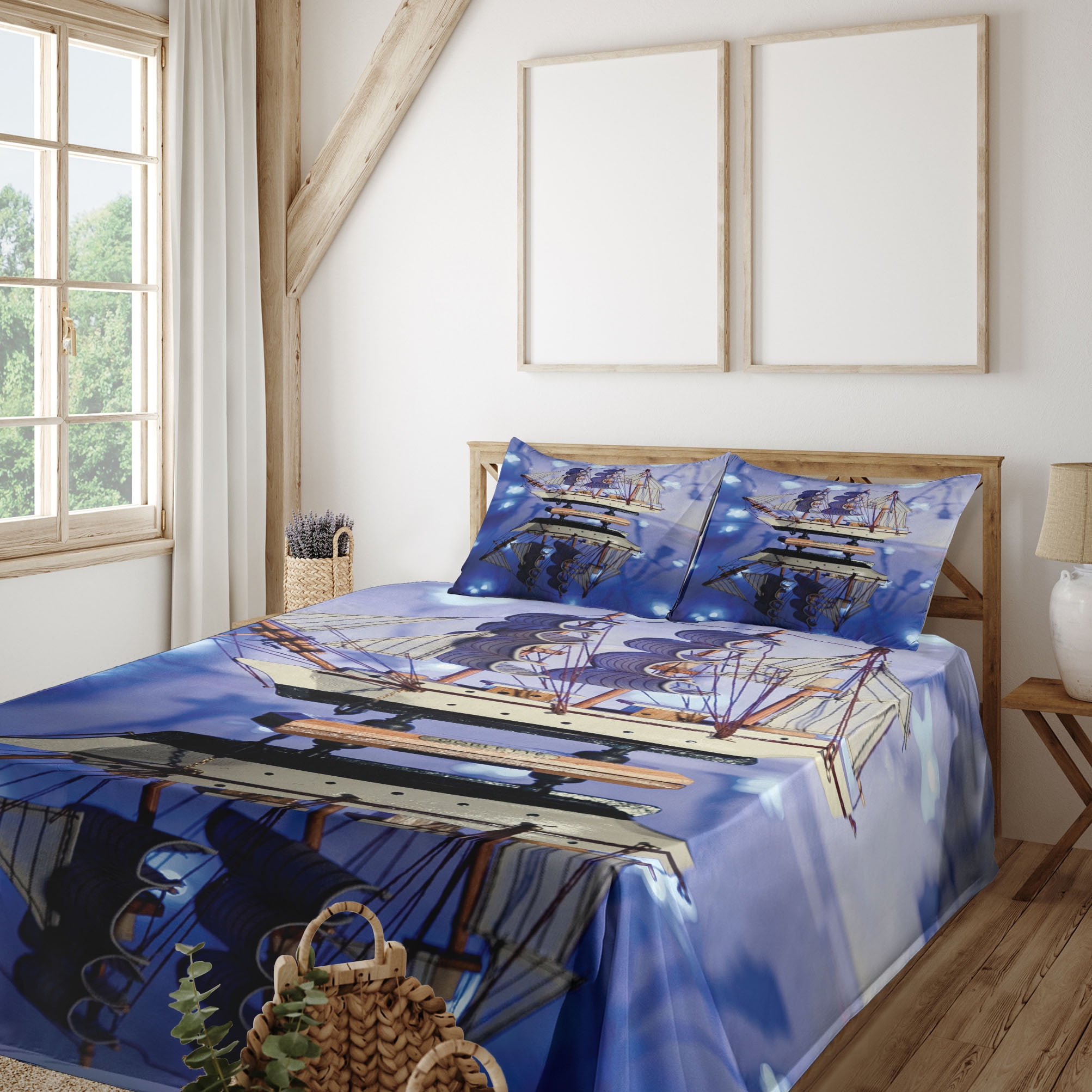 Ambesonne Nautical Fitted & Top Sheet Set with Shams, Model of a Ship ...