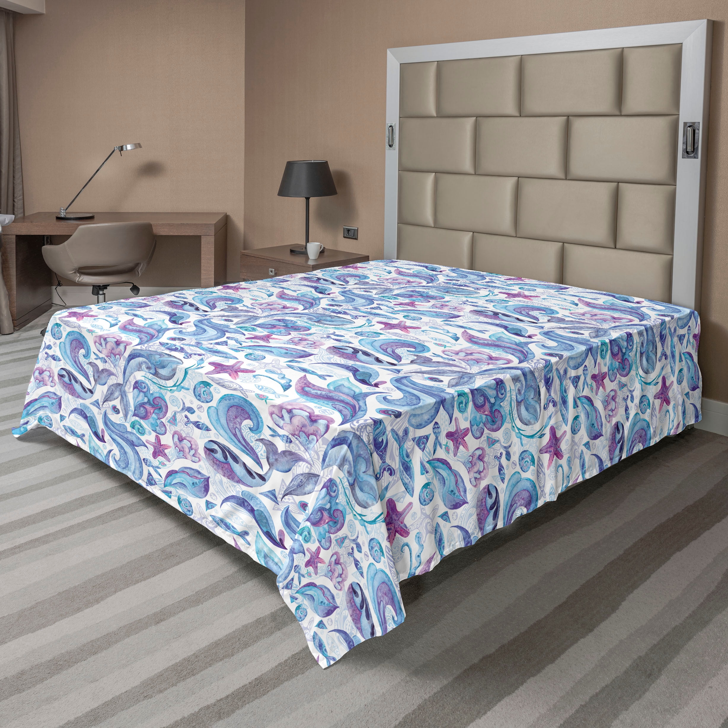 Ambesonne Nautical Flat Bedding Sheet Soft Top Sheet, Whales Starfishes ...