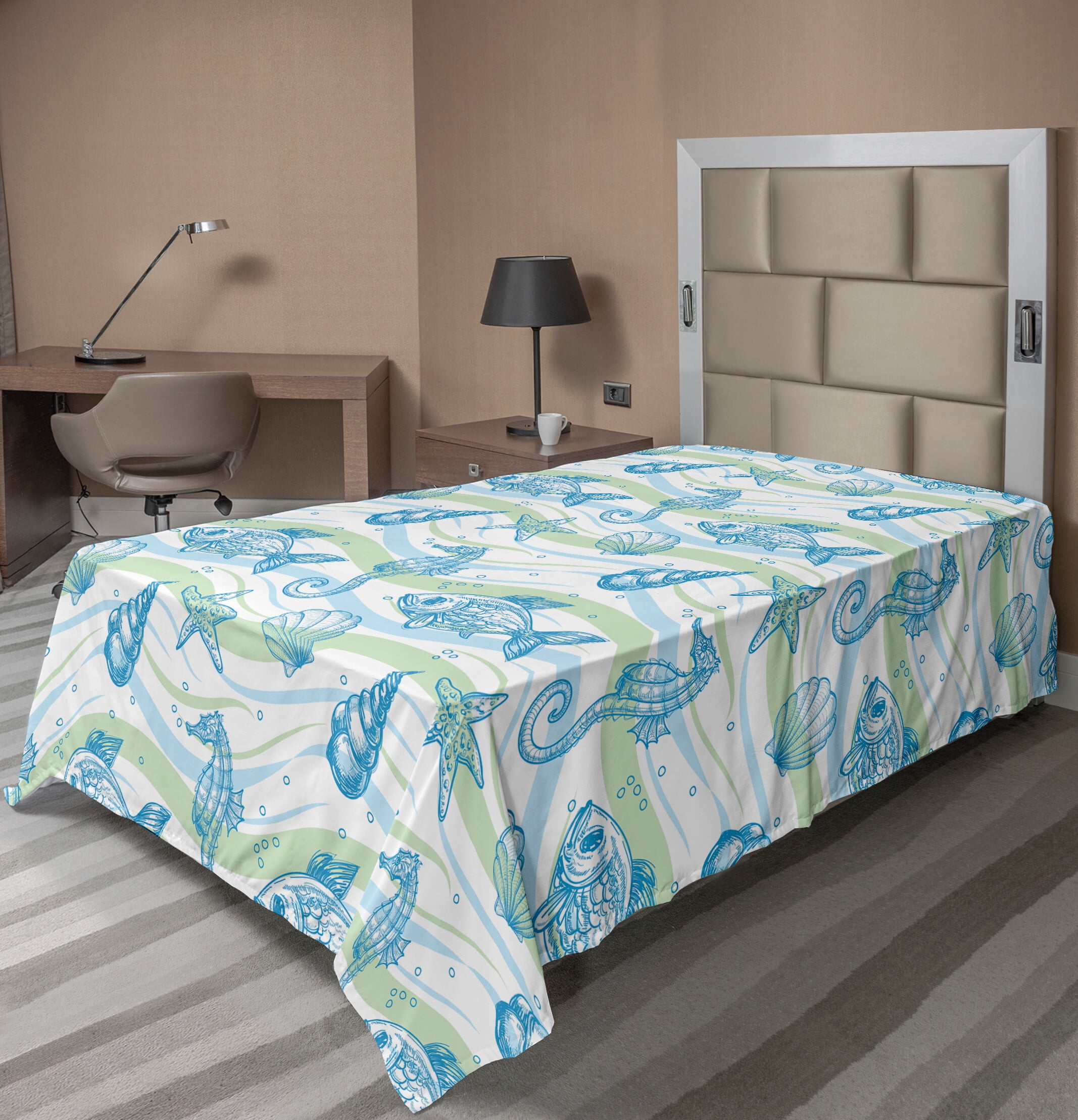 Ambesonne Nautical Flat Sheet, Ocean Shell Starfish, Twin Size, Mint ...