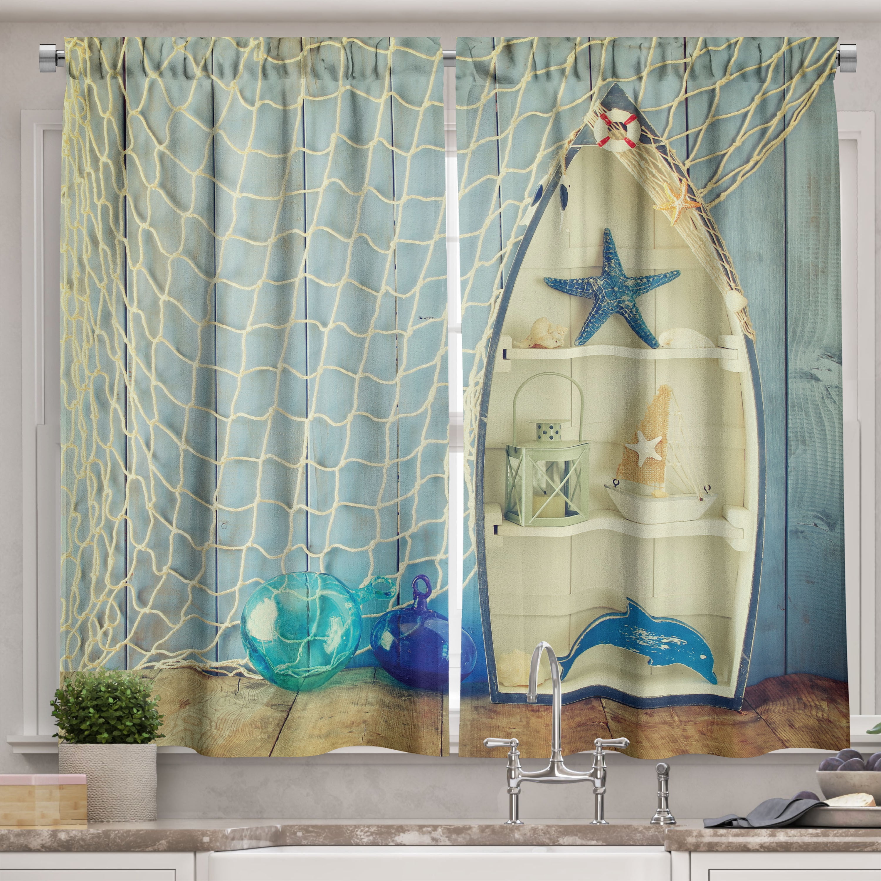 Ambesonne Nautical Kitchen Curtains, Aquatic Objects Boats, 55"x45 ...