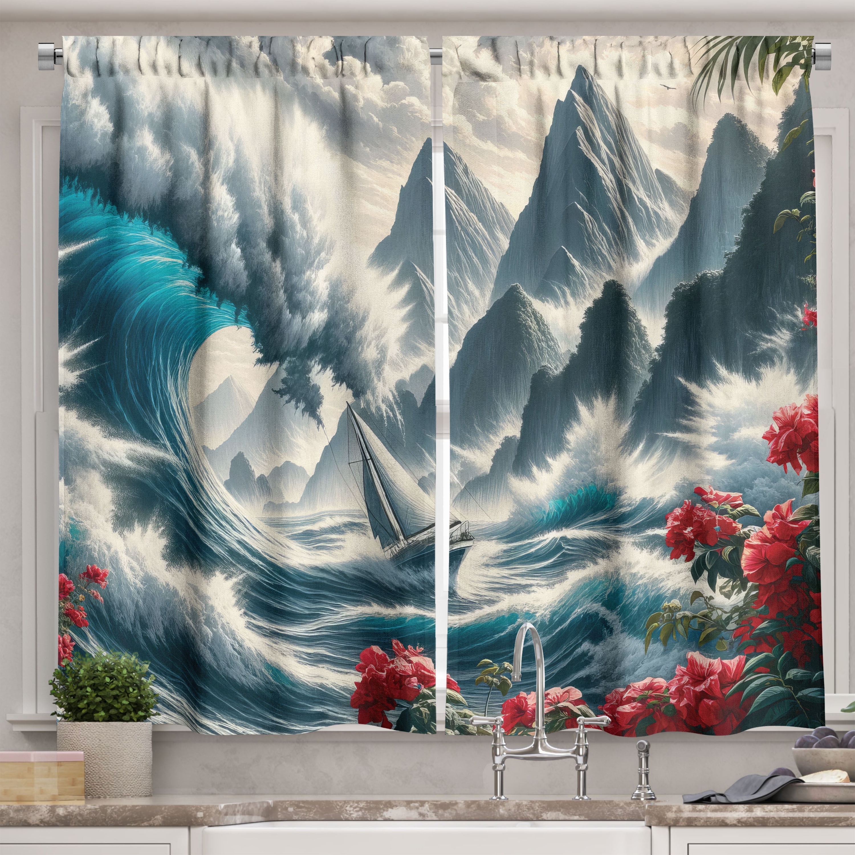Ambesonne Nautical Kitchen Curtains, Boat and Crashing Waves, 55"x45 ...