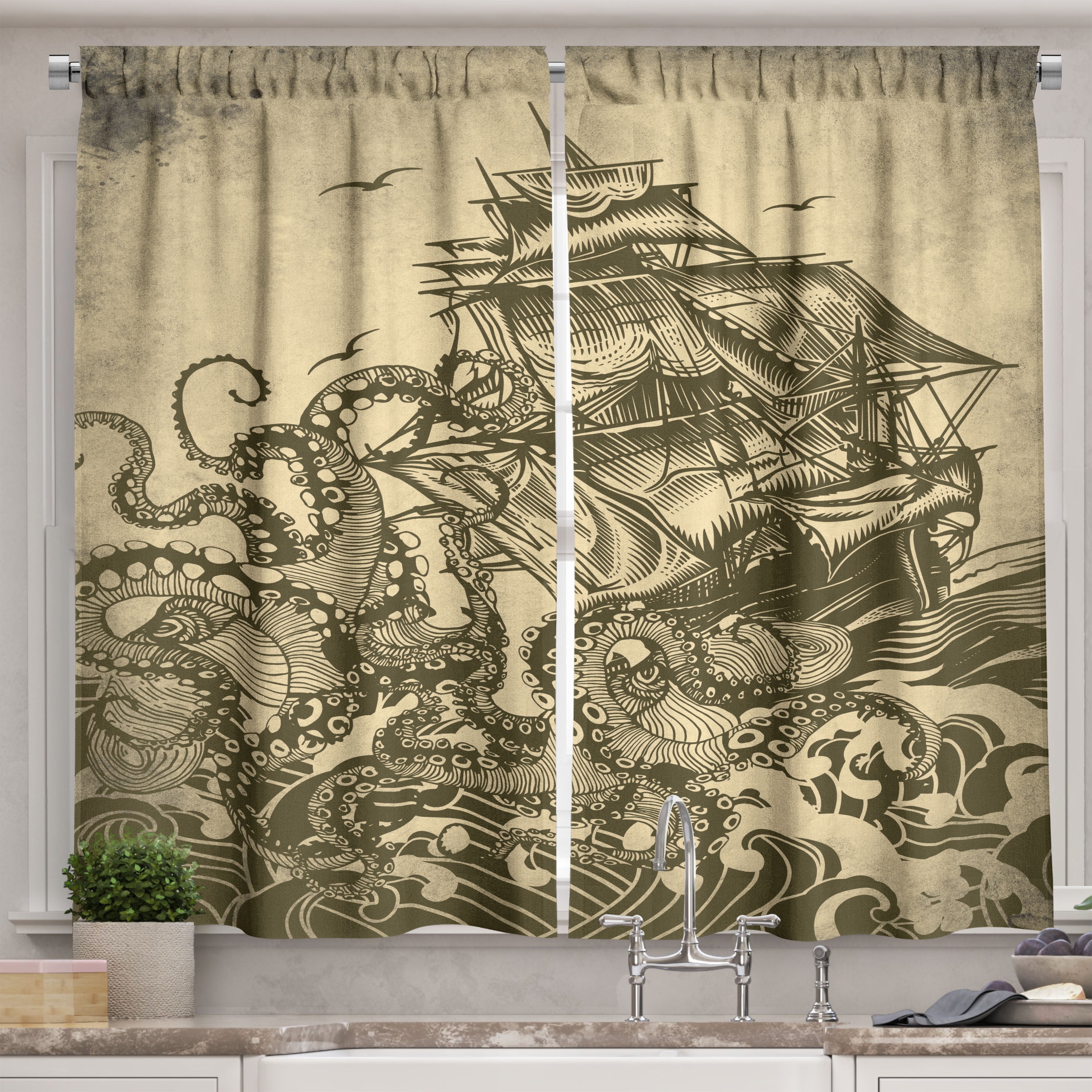 Ambesonne Nautical Kitchen Curtains, Retro Ship Octopus Theme, 55"x45 ...