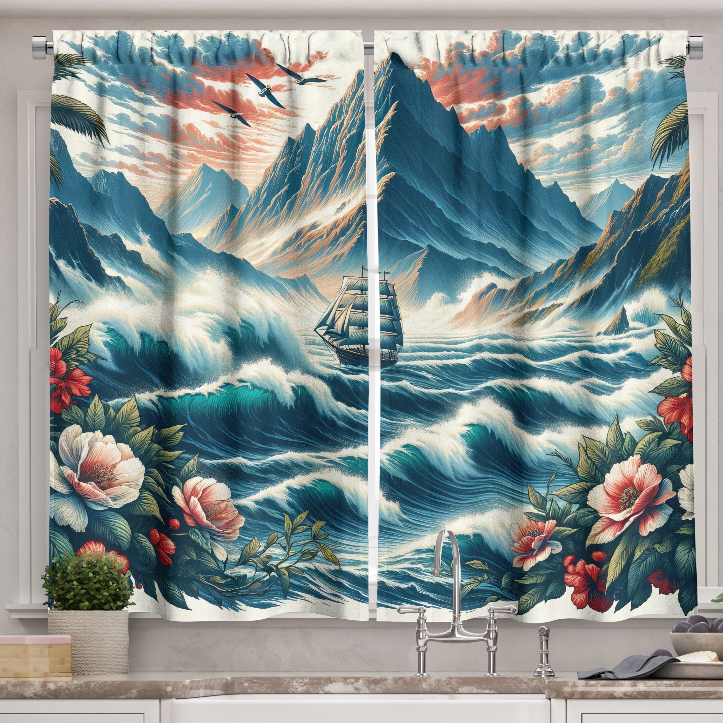 Ambesonne Nautical Kitchen Curtains, Seascape Waves Mountains, 55"x45 ...