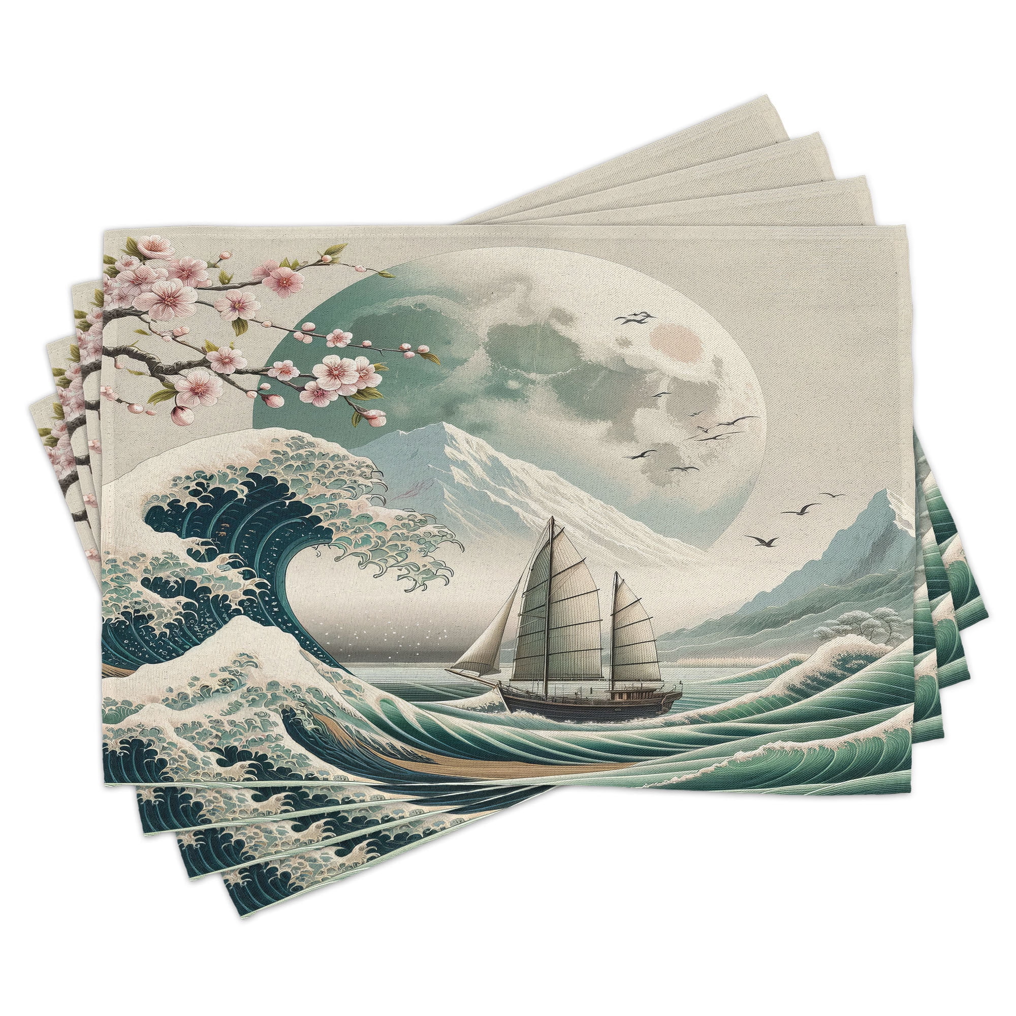 Ambesonne Nautical Place Mats Set of 4, Asian Wave Cherry Blossom ...