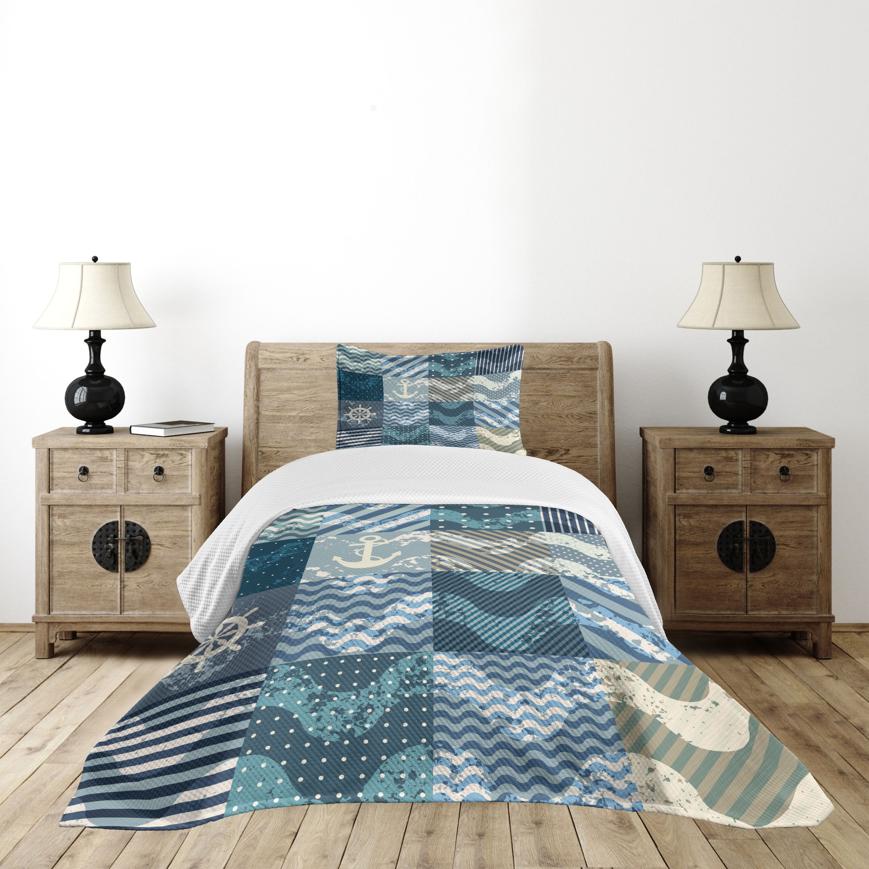 Ambesonne Nautical Quilted Bedspread Set 2 Pcs, Anchor Grunge Naval ...