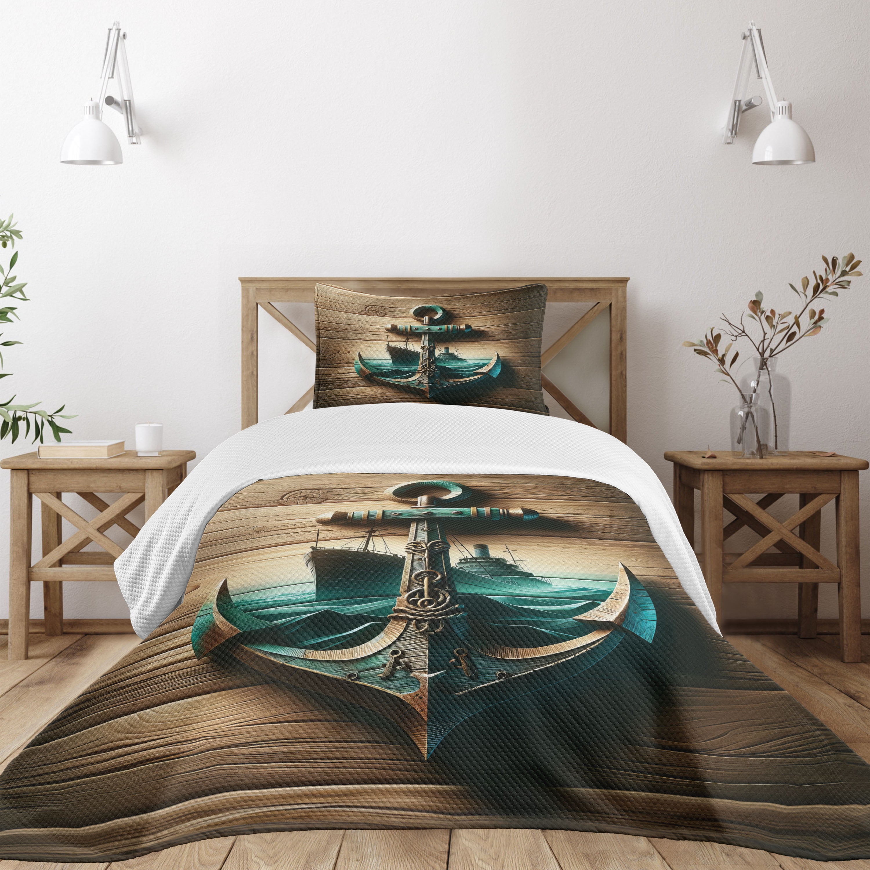 Ambesonne Nautical Quilted Bedspread Set 2 Pcs, Anchor with Sailing ...