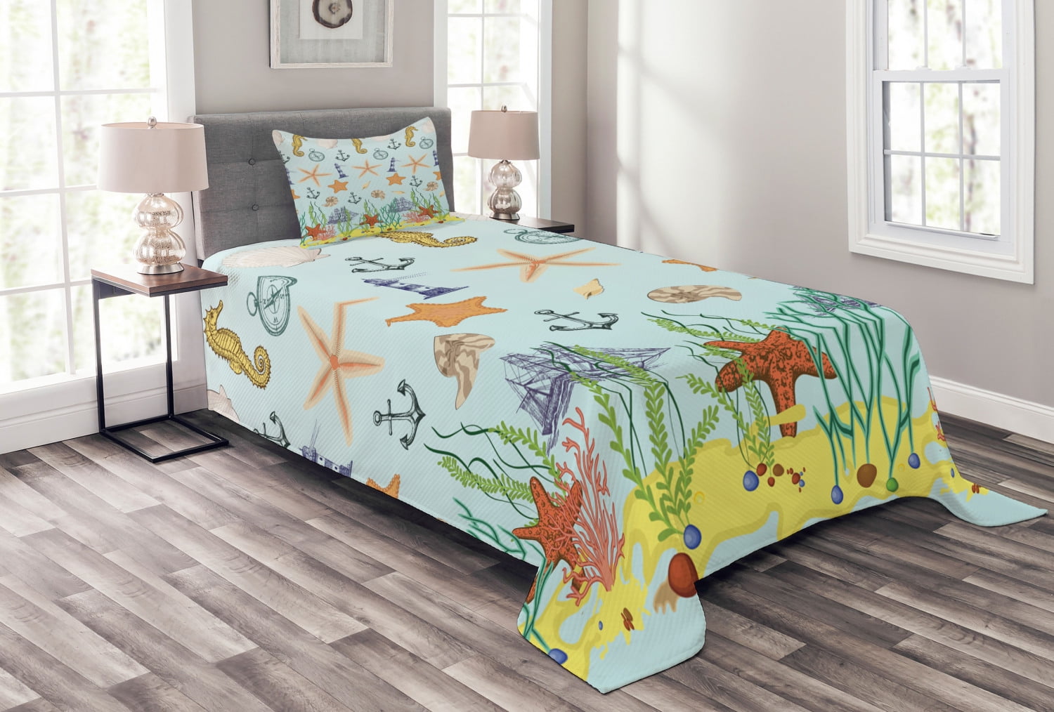 Ambesonne Nautical Quilted Bedspread Set 2 Pcs, Elements of the Ocean ...