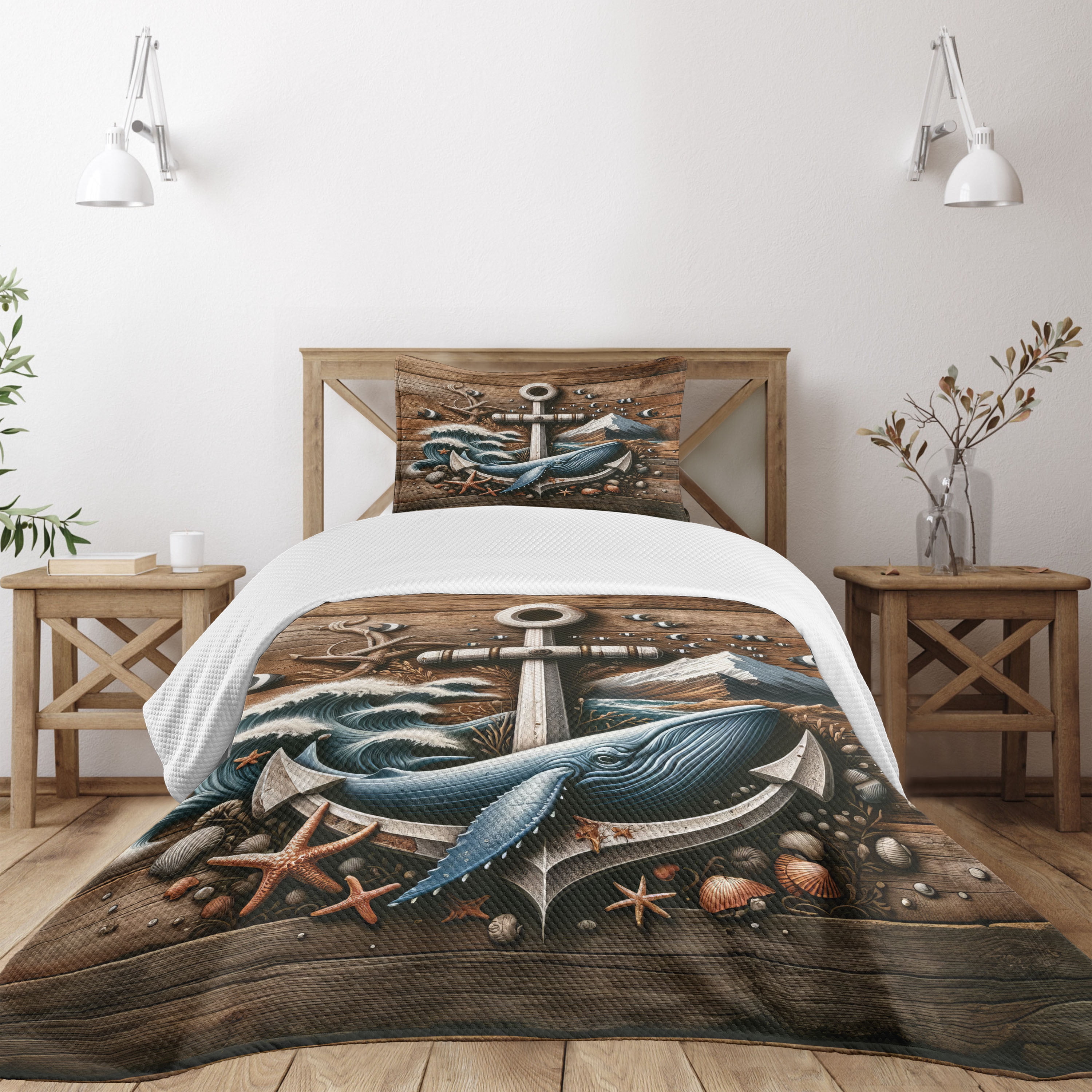 Ambesonne Nautical Quilted Bedspread Set 2 Pcs, Rustic Maritime Anchor ...