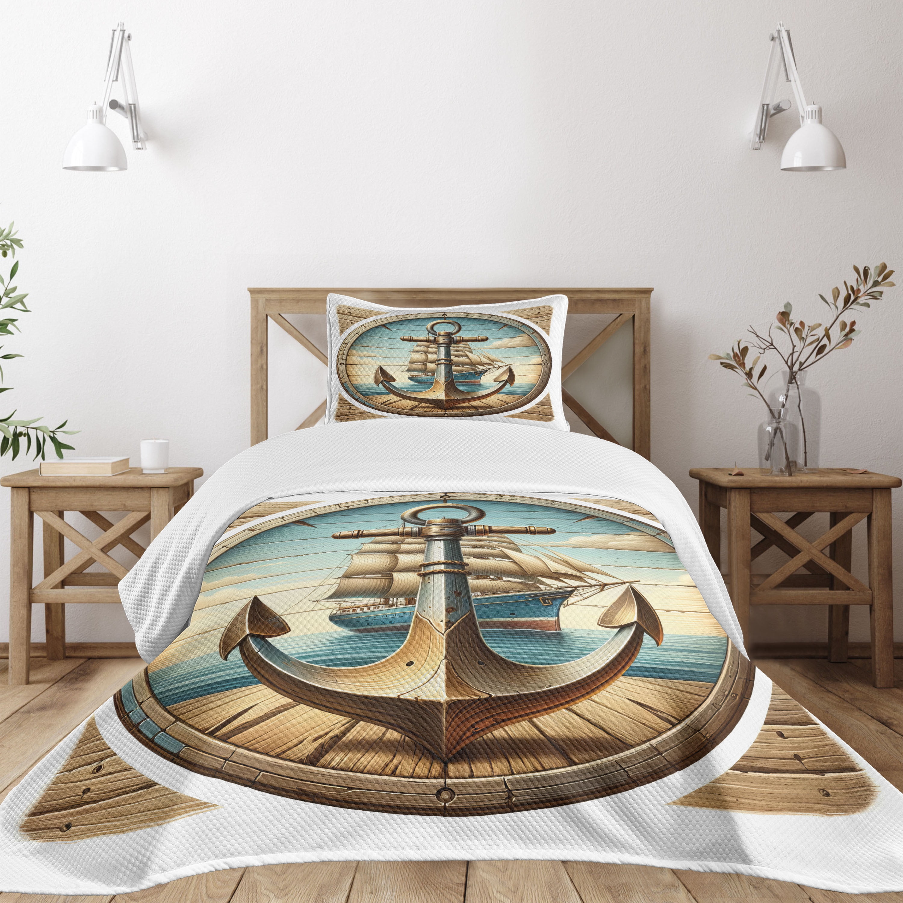Ambesonne Nautical Quilted Bedspread Set 2 Pcs, Vintage Maritime Anchor ...