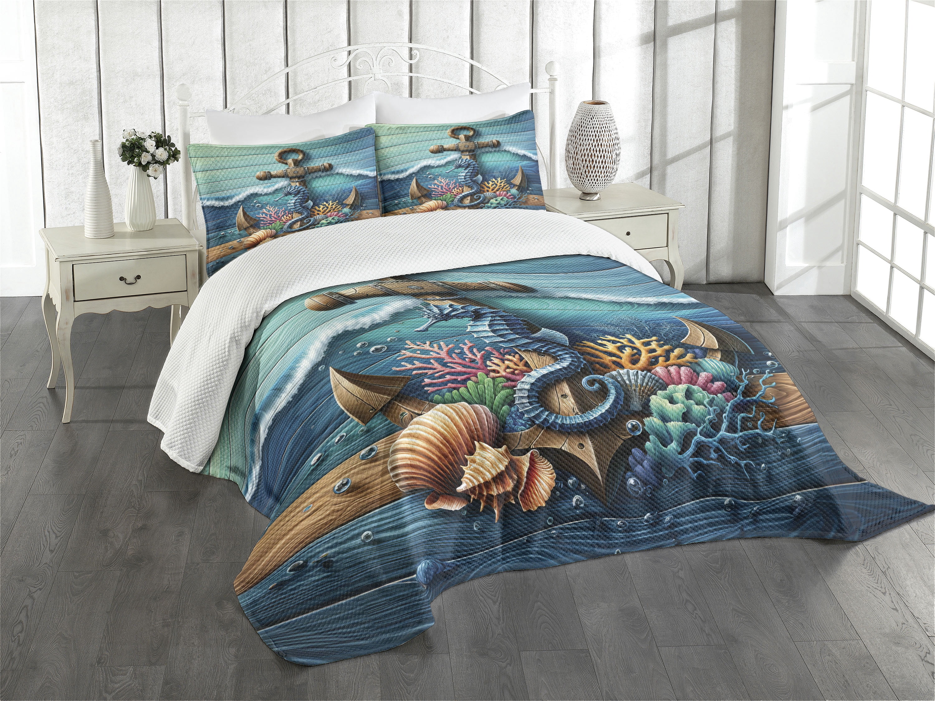 Ambesonne Nautical Quilted Bedspread Set 3 Pcs, Anchor Deep Ocean Life ...