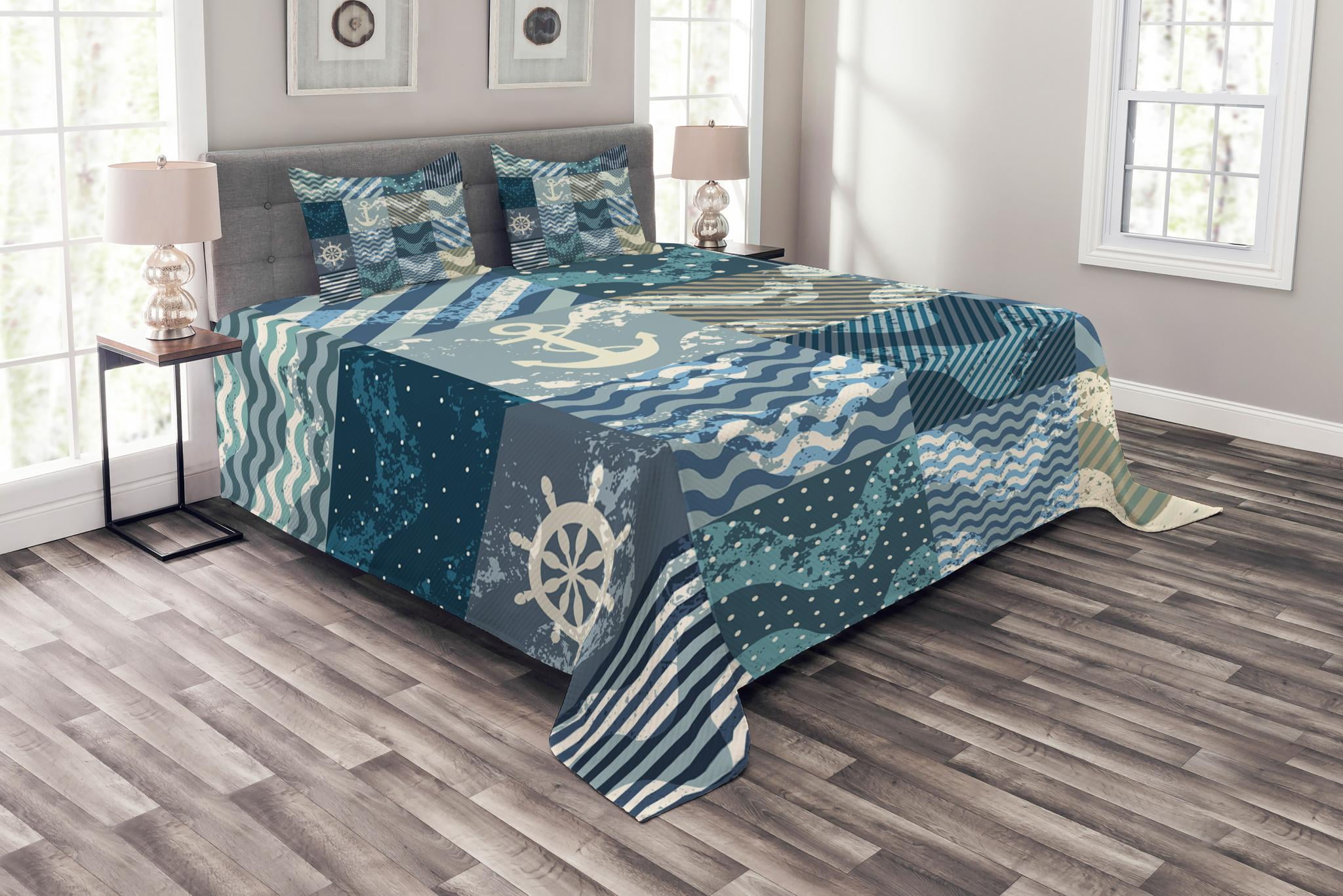 Ambesonne Nautical Quilted Bedspread Set 3 Pcs, Anchor Grunge Naval ...