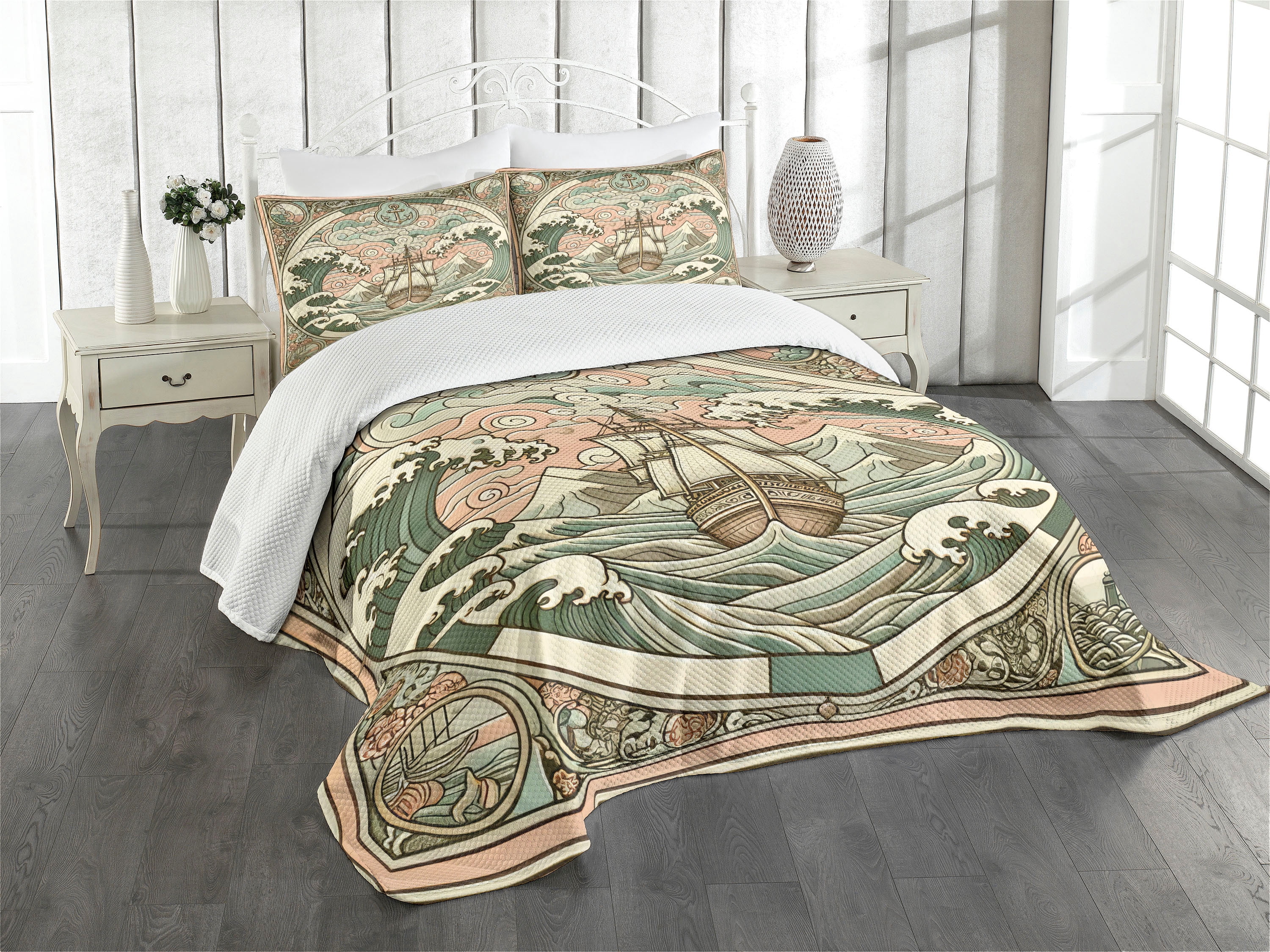 Ambesonne Nautical Quilted Bedspread Set 3 Pcs, Folk Art Style Marine ...