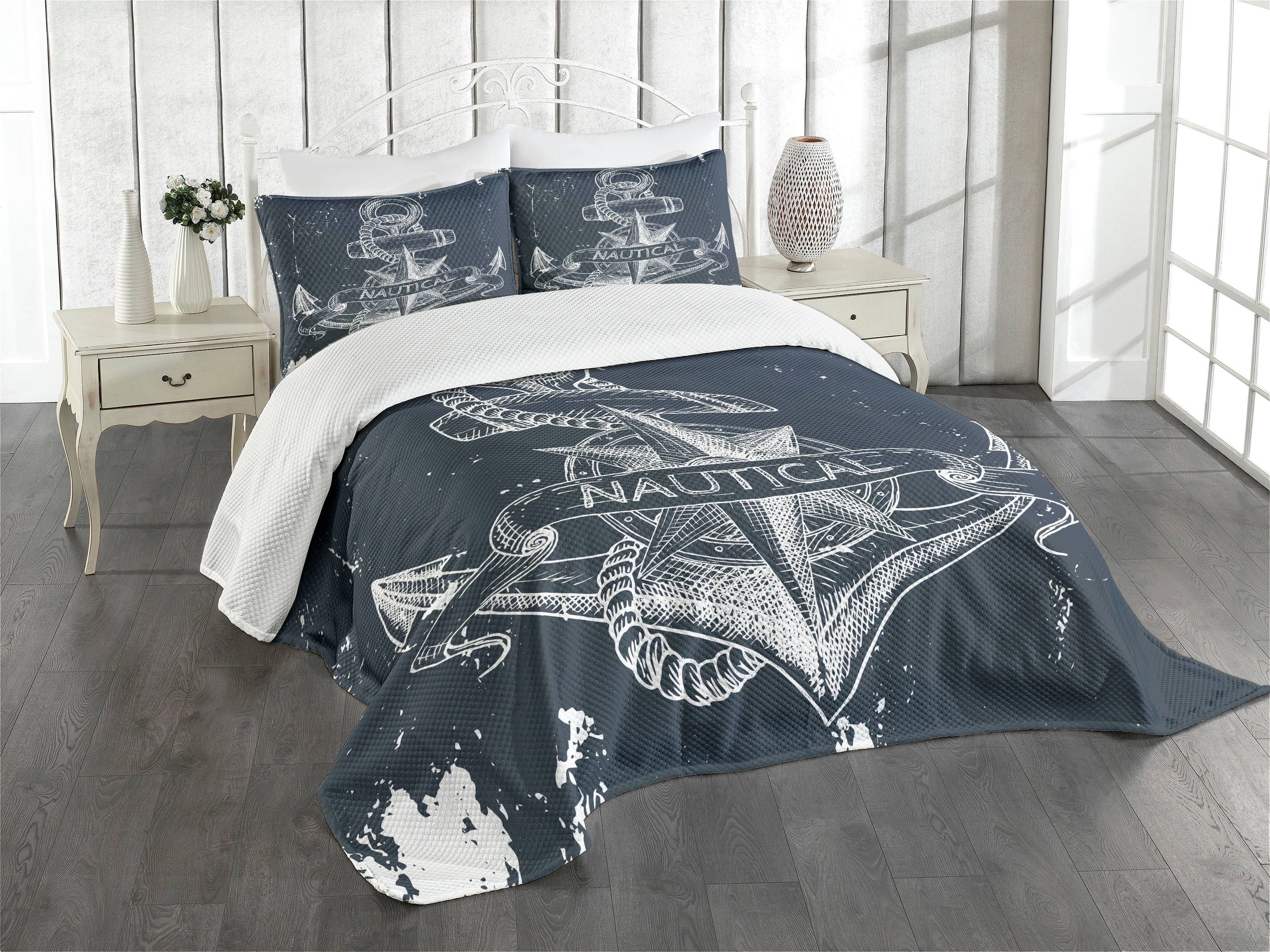 Ambesonne Nautical Quilted Bedspread Set 3 Pcs, Knot Anchor Compass ...