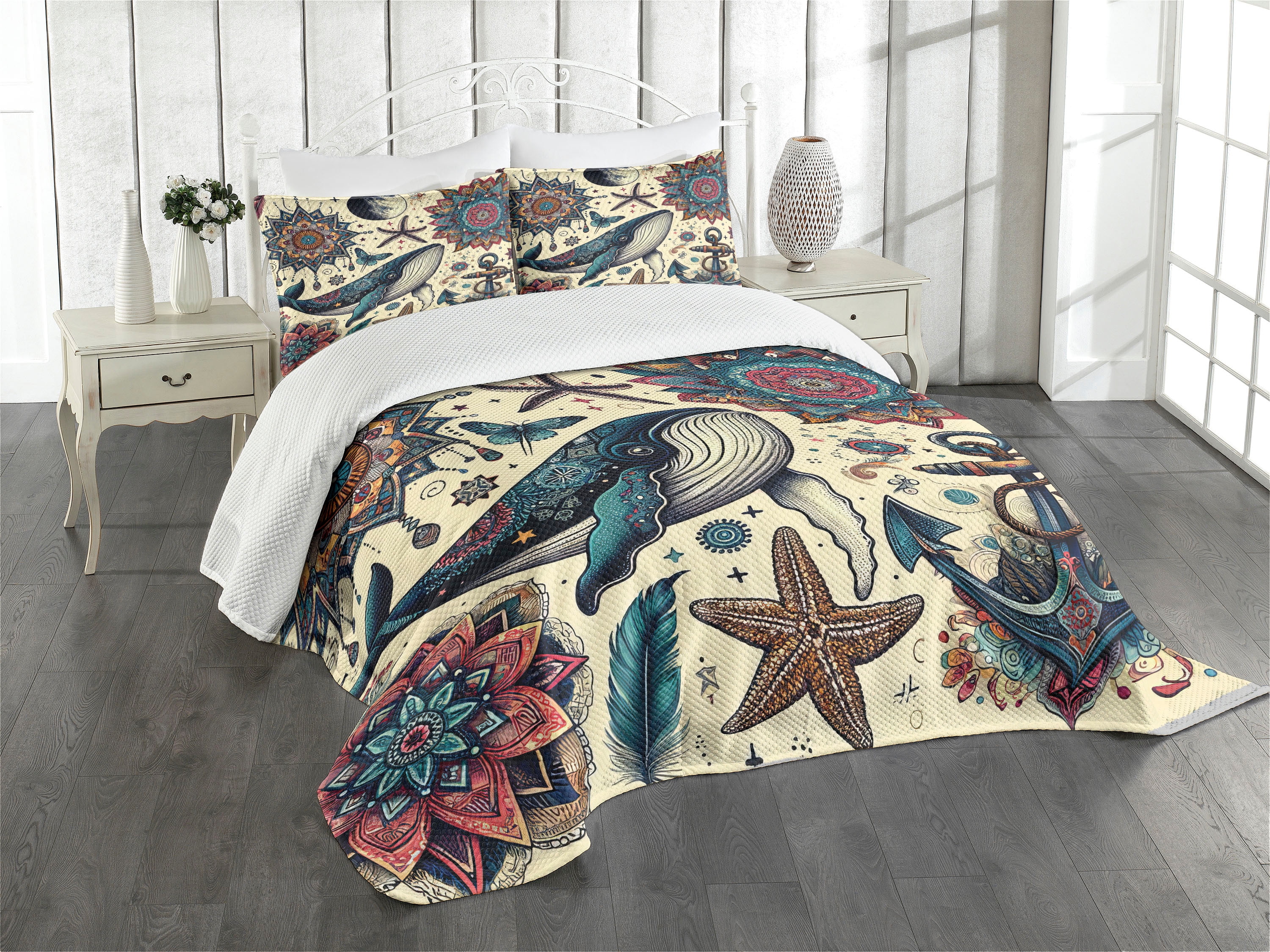 Ambesonne Nautical Quilted Bedspread Set 3 Pcs, Mandala Feathers Anchor ...