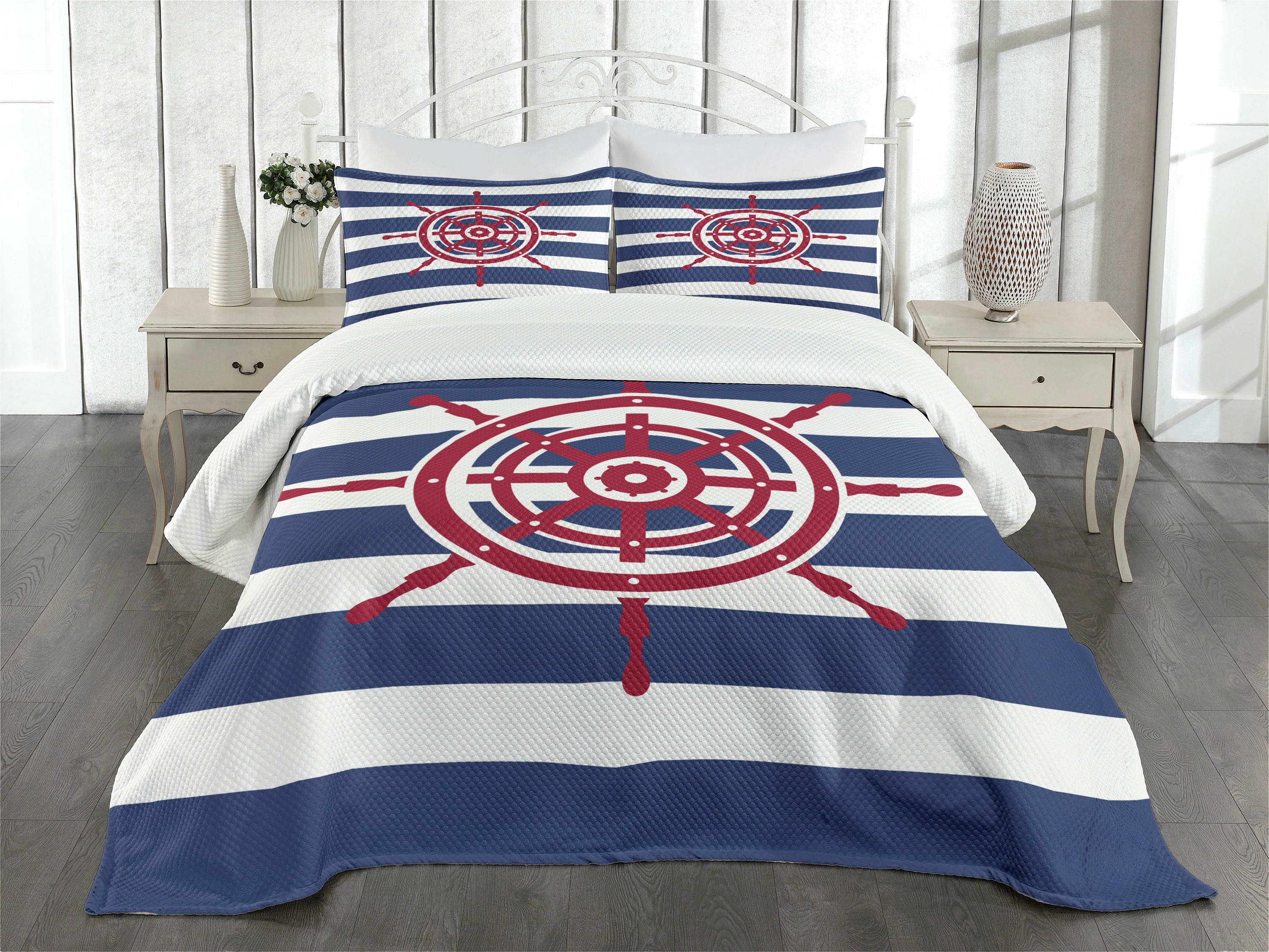 Ambesonne Nautical Quilted Bedspread Set 3 Pcs, Red Ship Wheel, King ...