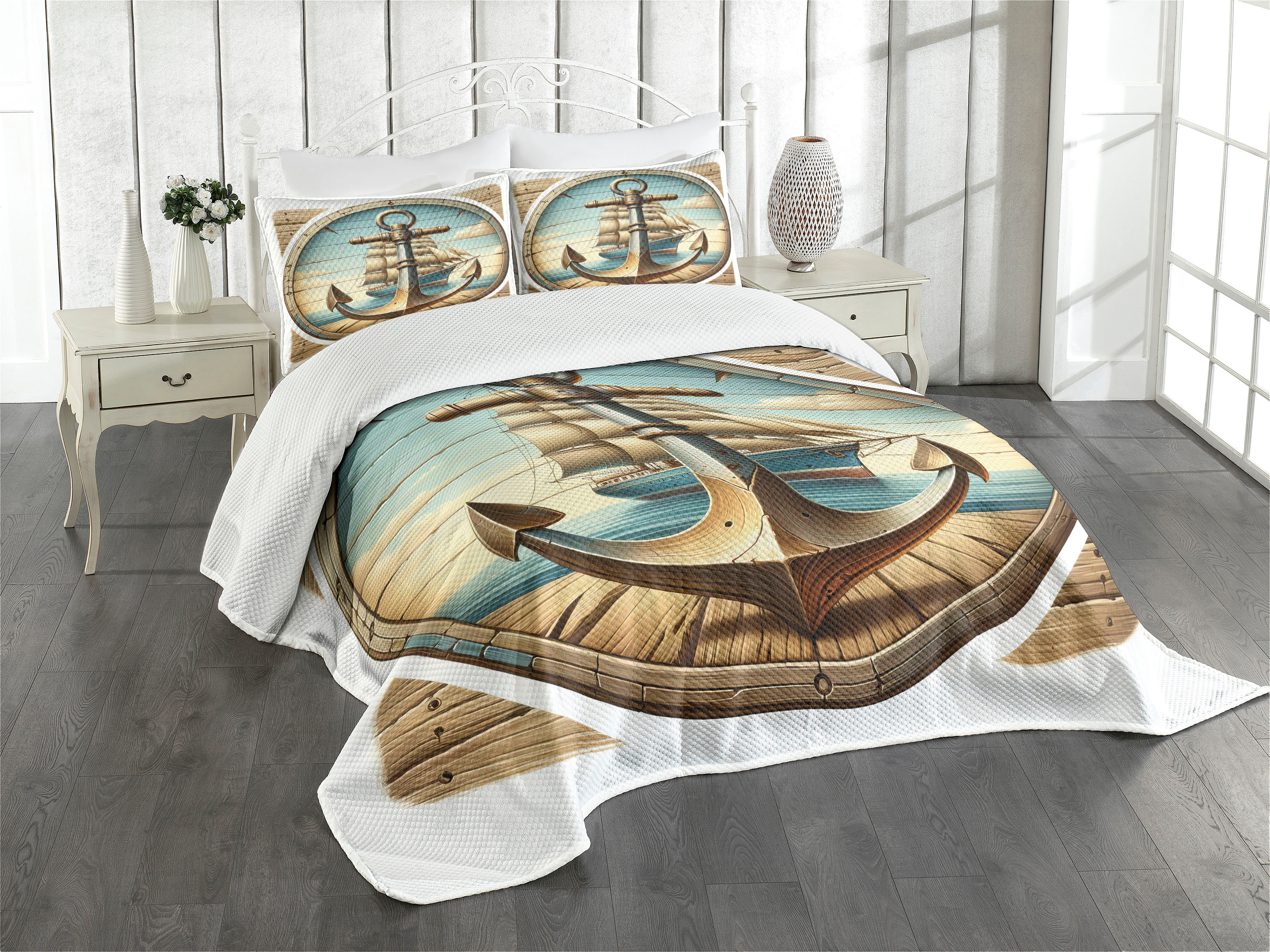 Ambesonne Nautical Quilted Bedspread Set 3 Pcs, Vintage Maritime Anchor ...