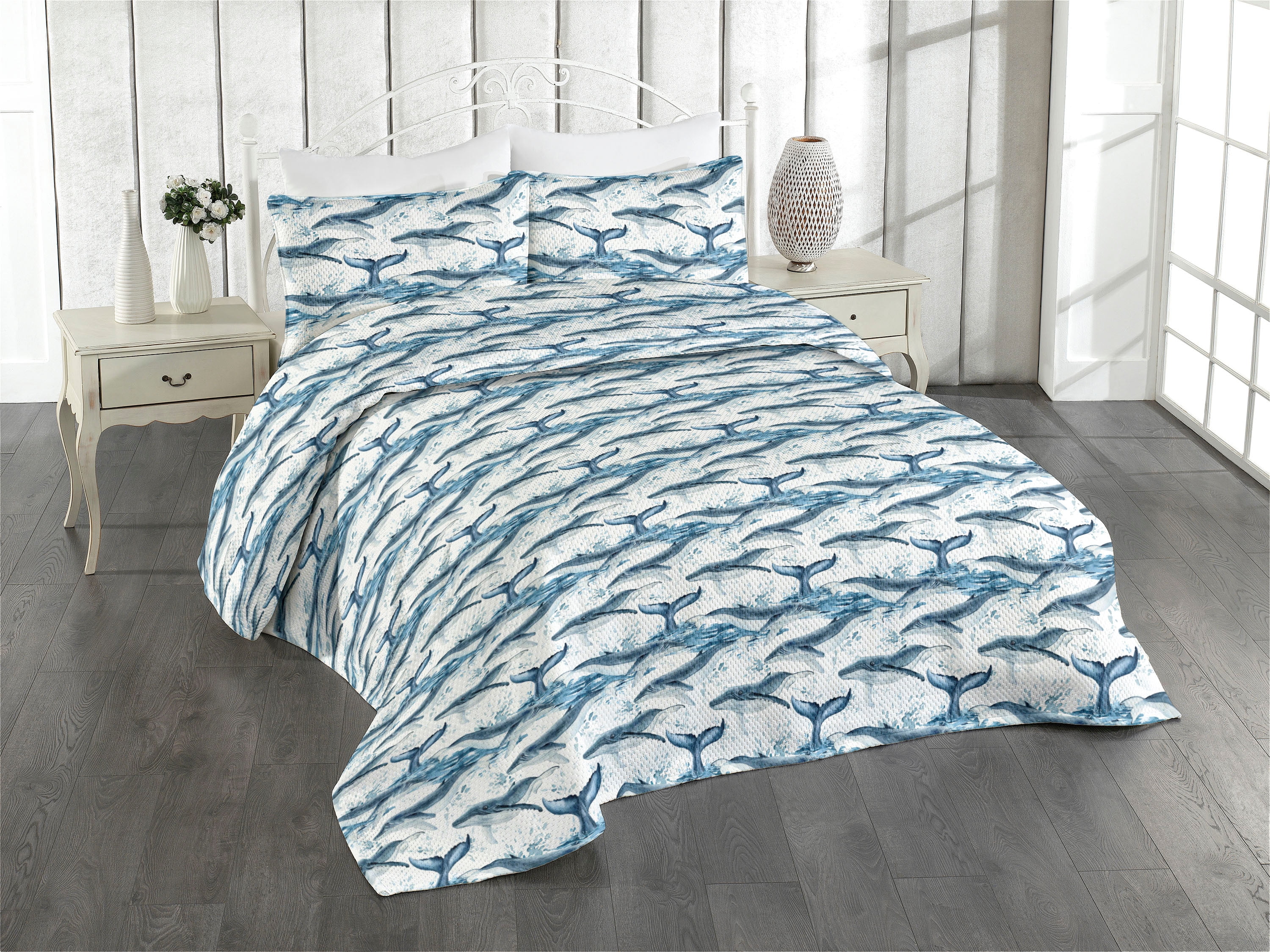 Ambesonne Nautical Quilted Bedspread Set 3 Pcs, Whale Pattern Ocean ...