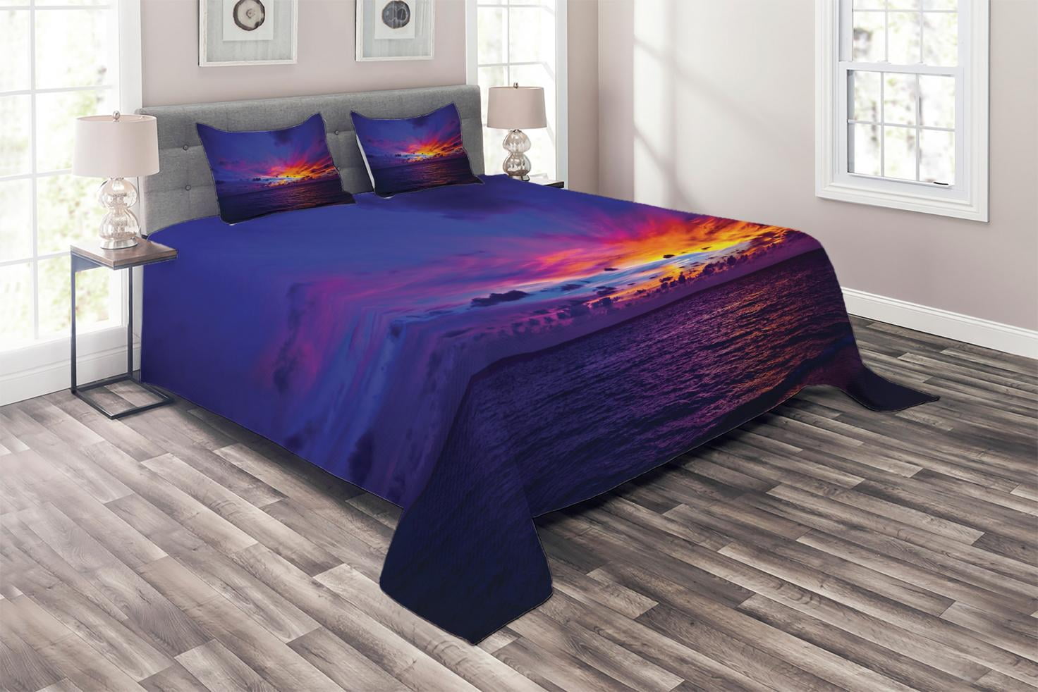 Ambesonne Nautical Quilted Coverlet 3 Pcs, Dream Sunset Magenta, Queen ...