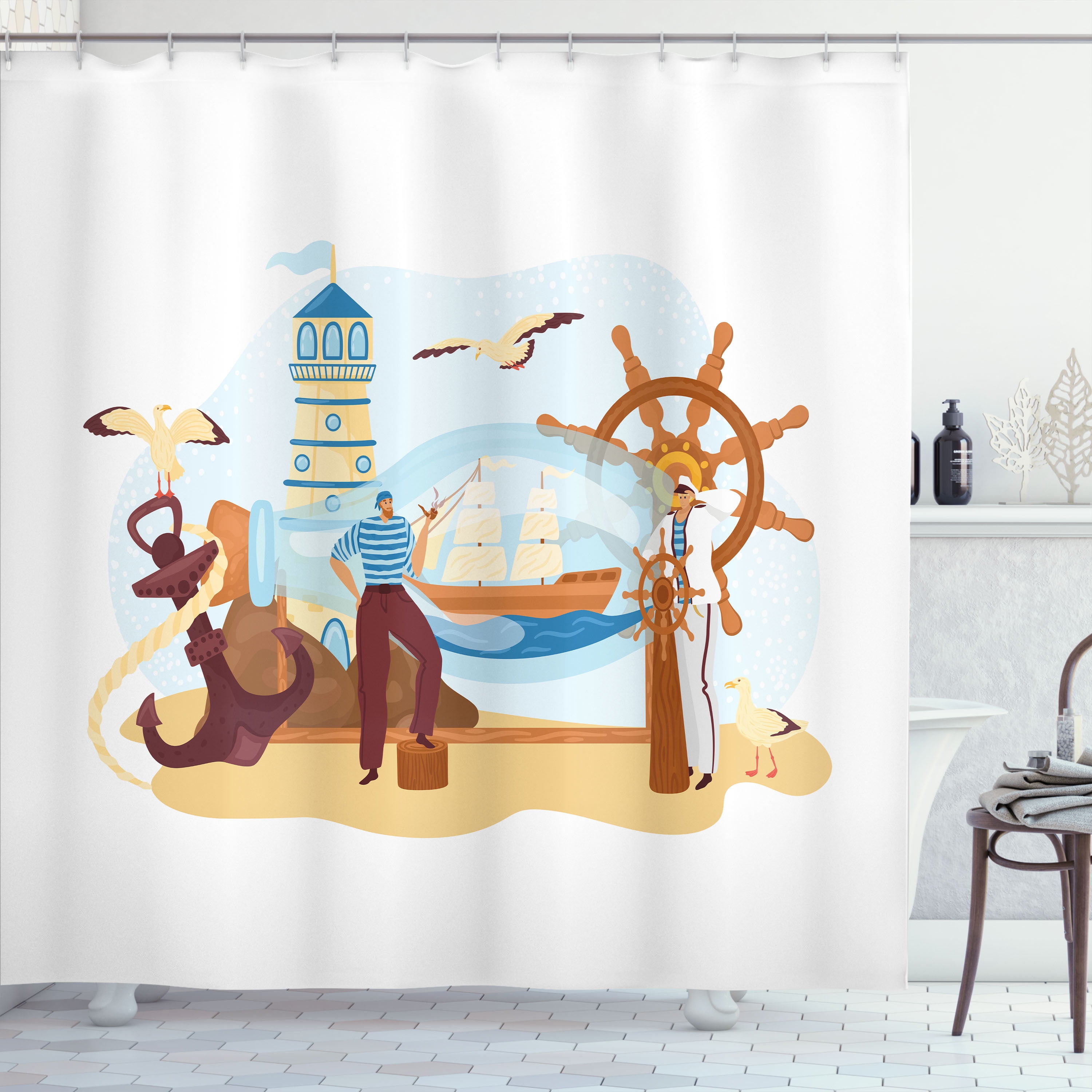 Ambesonne Nautical Shower Curtain, Sailors Anchors Sea Gulls, 69"Wx84"L ...