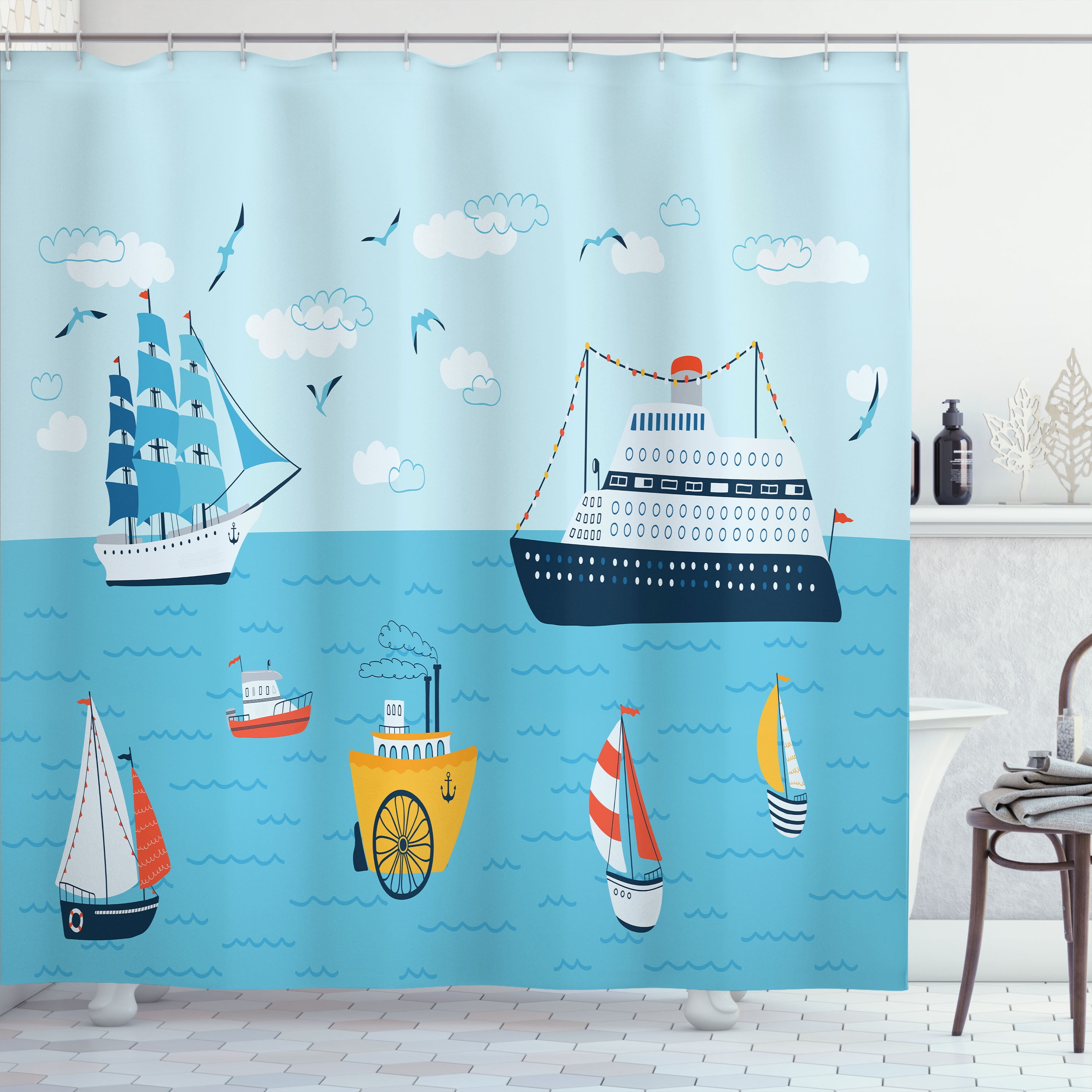 Ambesonne Nautical Shower Curtain, Ships Clouds Boats Art, 69"Wx84"L ...