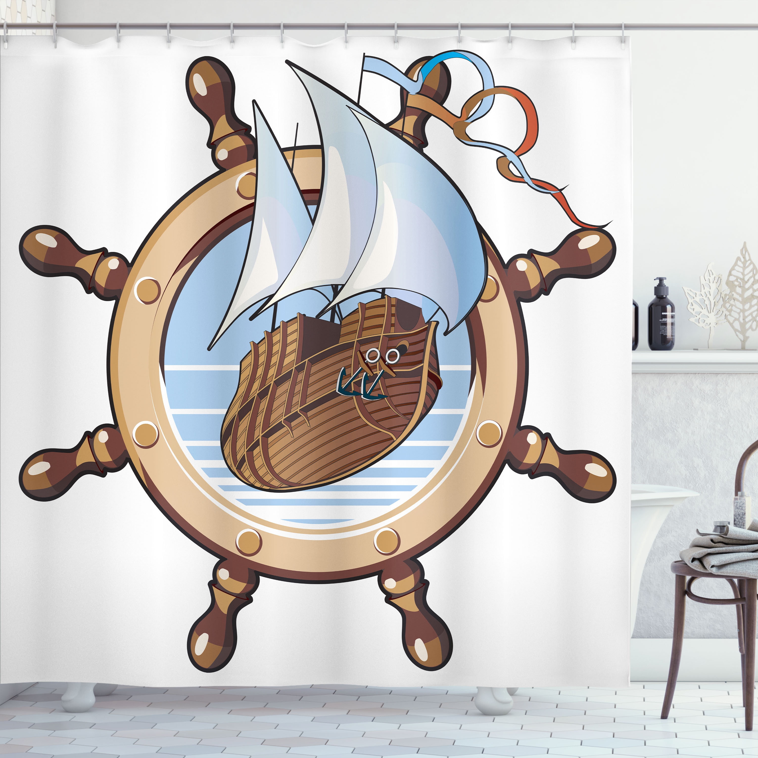 Ambesonne Nautical Shower Curtain, Ships Wheel Sailing, 69"Wx75"L ...