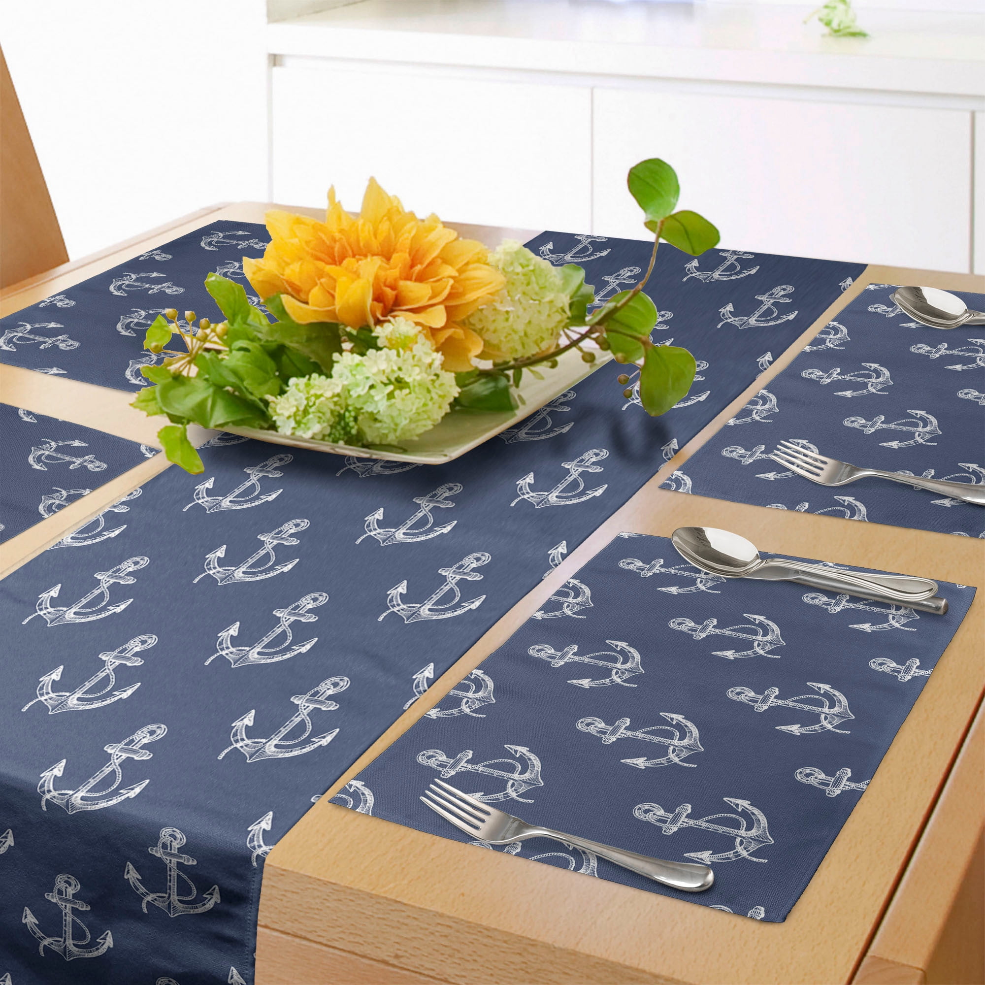 Ambesonne Nautical Table Runner & Placemats, Striped Anchor Silhouettes ...