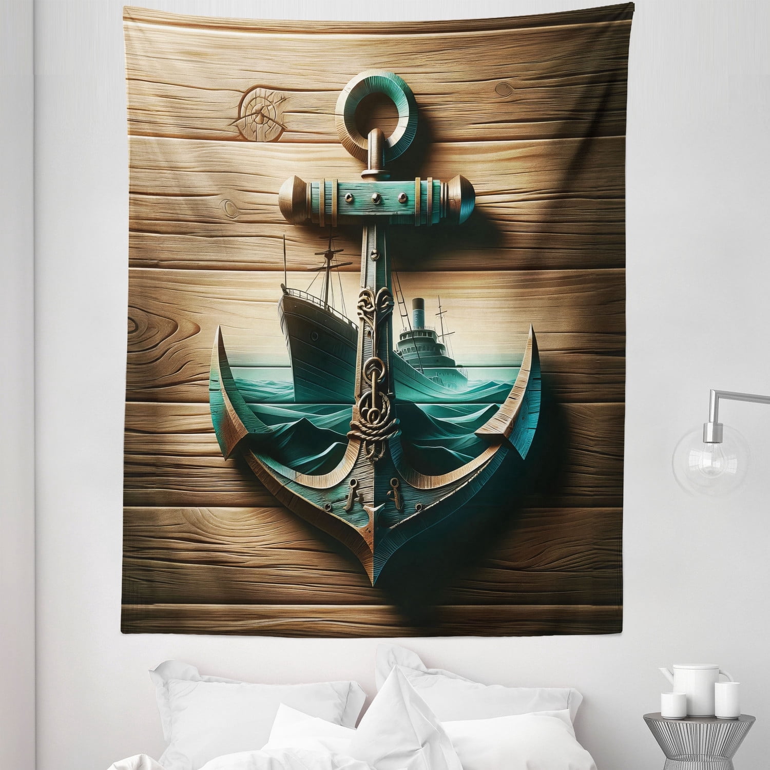 Ambesonne Nautical Tapestry Twin Size, Anchor with Sailing Ship, 68"x88 ...