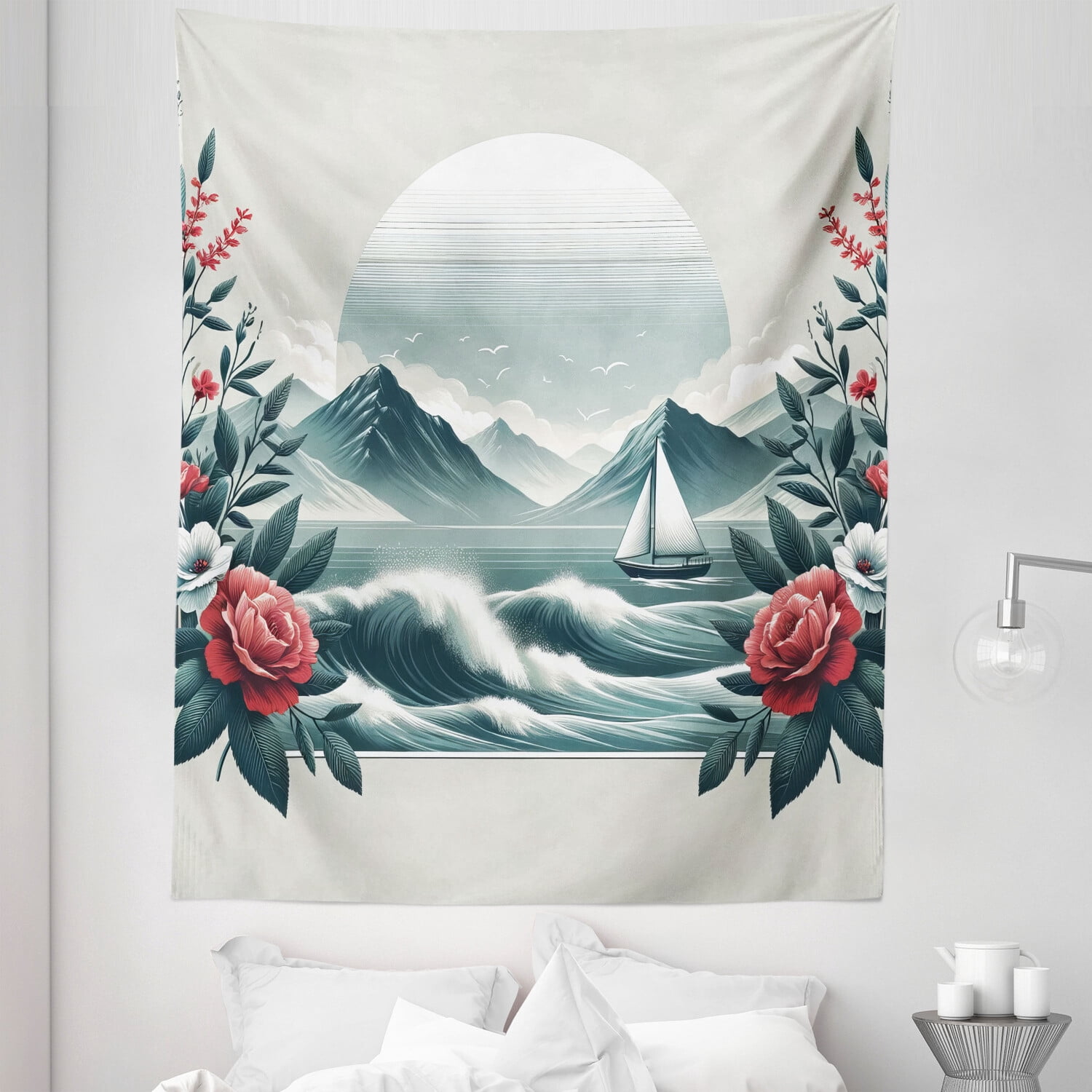 Ambesonne Nautical Tapestry Twin Size, Wild Roses and Sailboat, 68"x88 ...