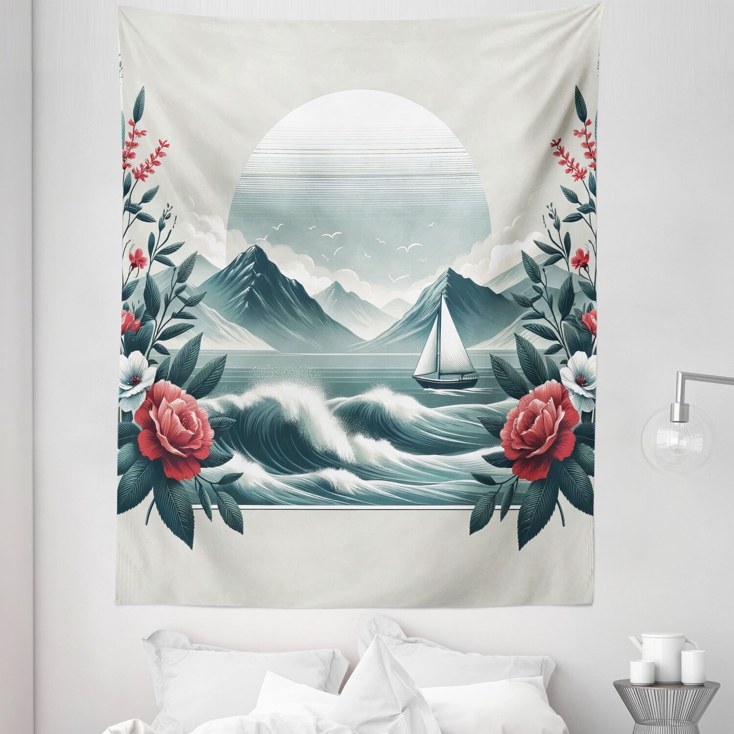 Ambesonne Nautical Tapestry Twin Size, Wild Roses and Sailboat, 68"x88 ...