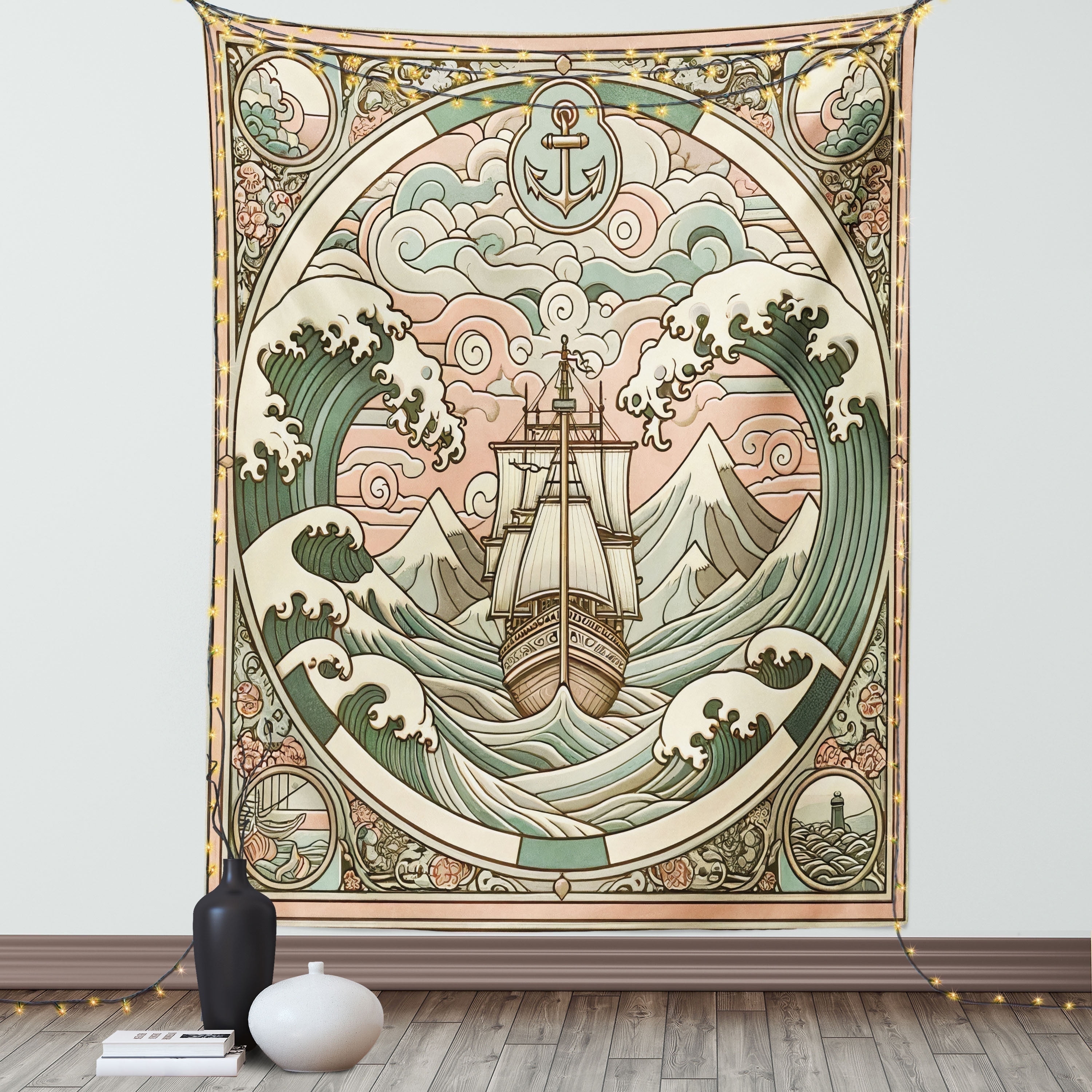 Ambesonne Nautical Tapestry Wall Hanging, Folk Art Style Marine Look ...