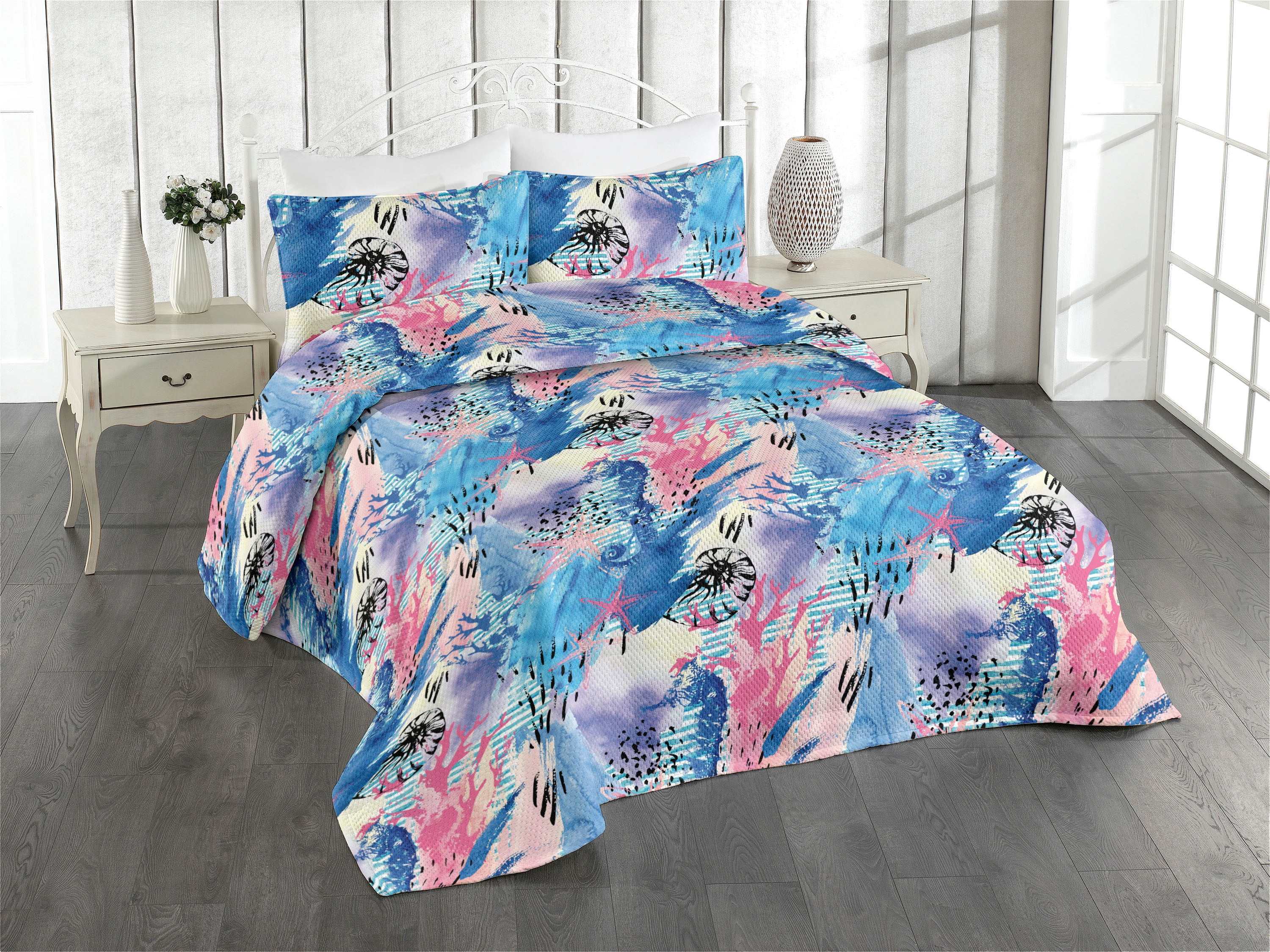 Ambesonne Nautical Themed Quilted Bedspread Set 3 Pcs, Boho Sea Themed Art, Queen, Sea Blue ...