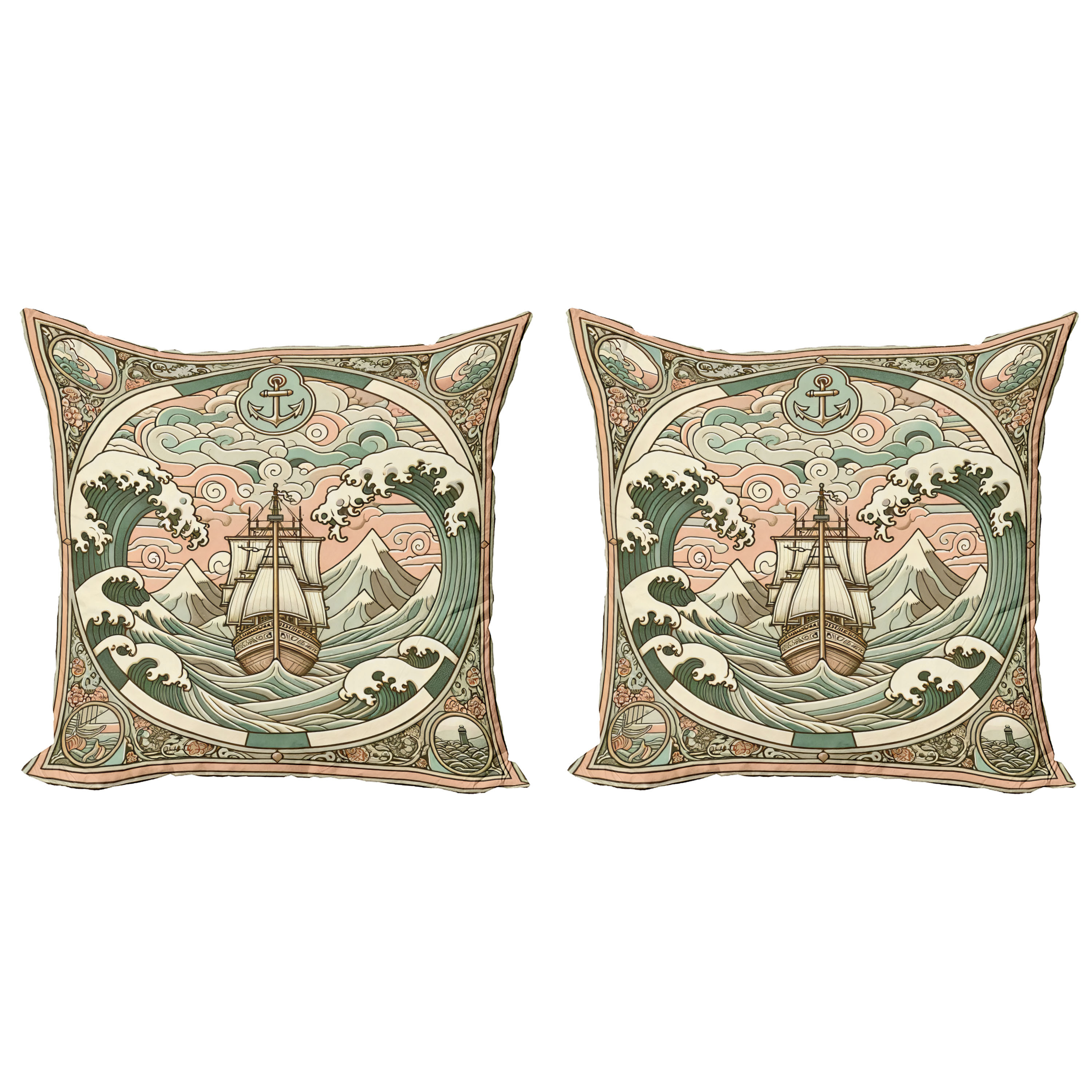 Ambesonne Nautical Throw Pillow Cover 2 Pack, Folk Art Style Marine ...