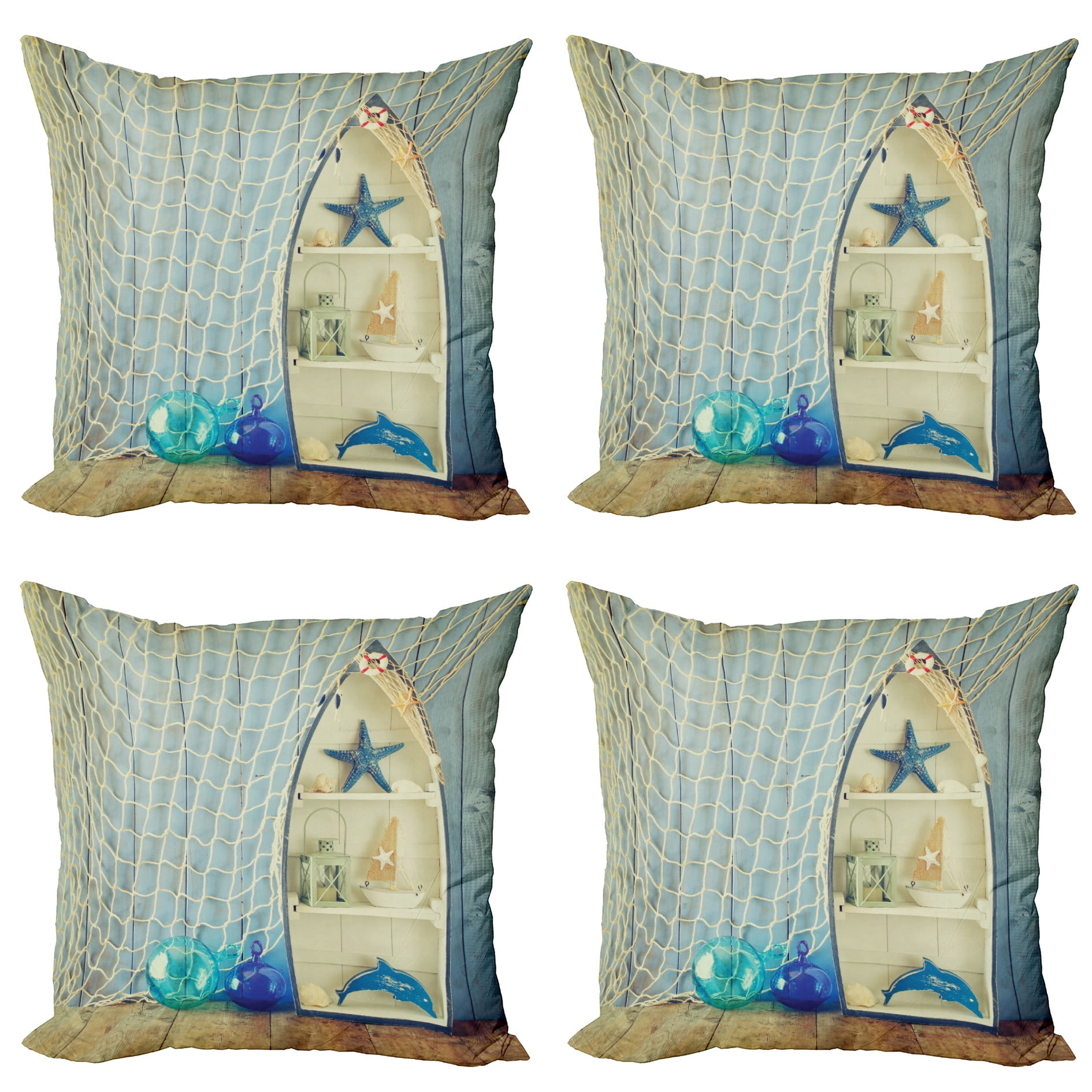 Ambesonne Nautical Throw Pillow Cover 4 Pack, Aquatic Objects Boats, 16 ...