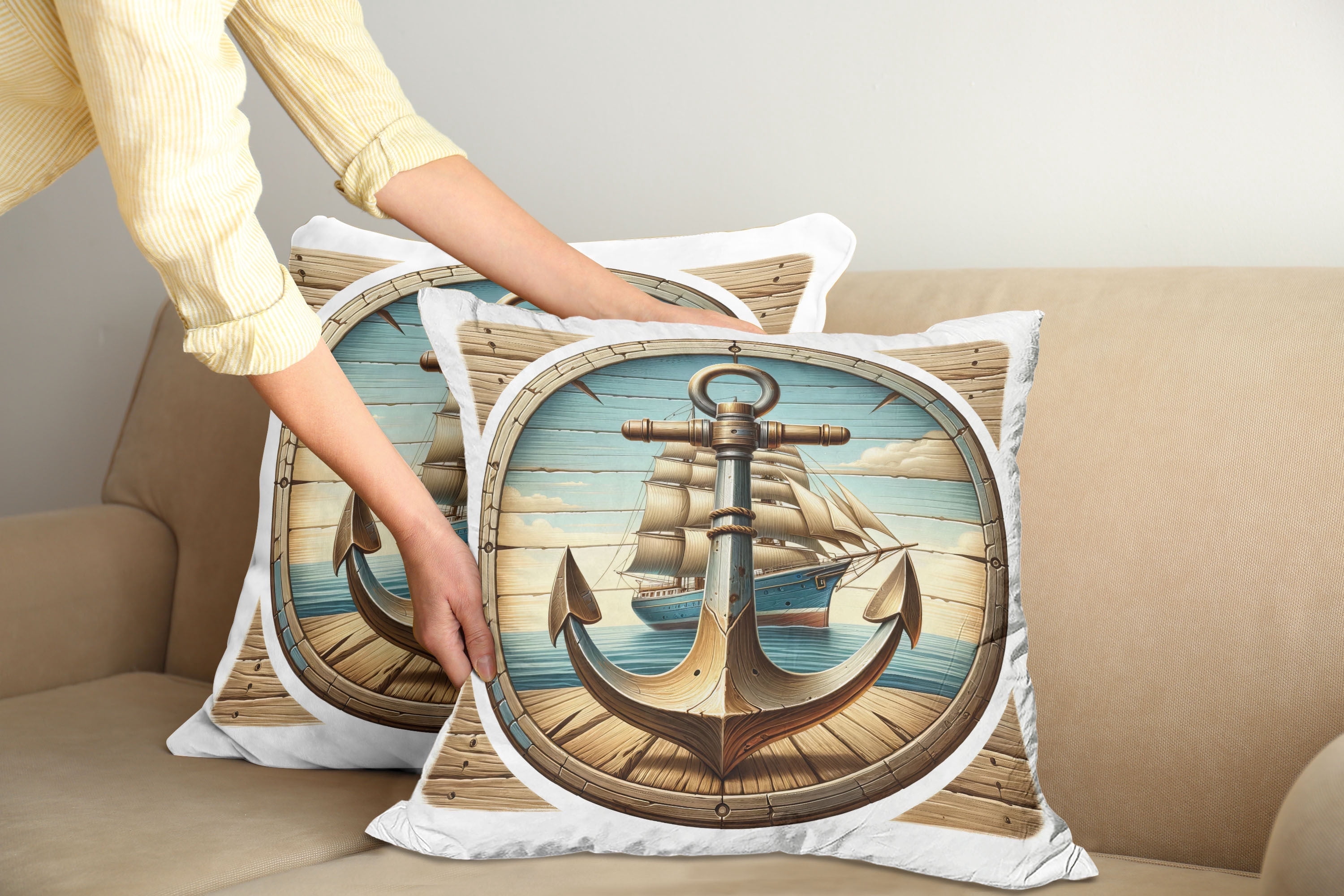 Ambesonne Nautical Throw Pillow Cover Pack of 2, Vintage Maritime ...