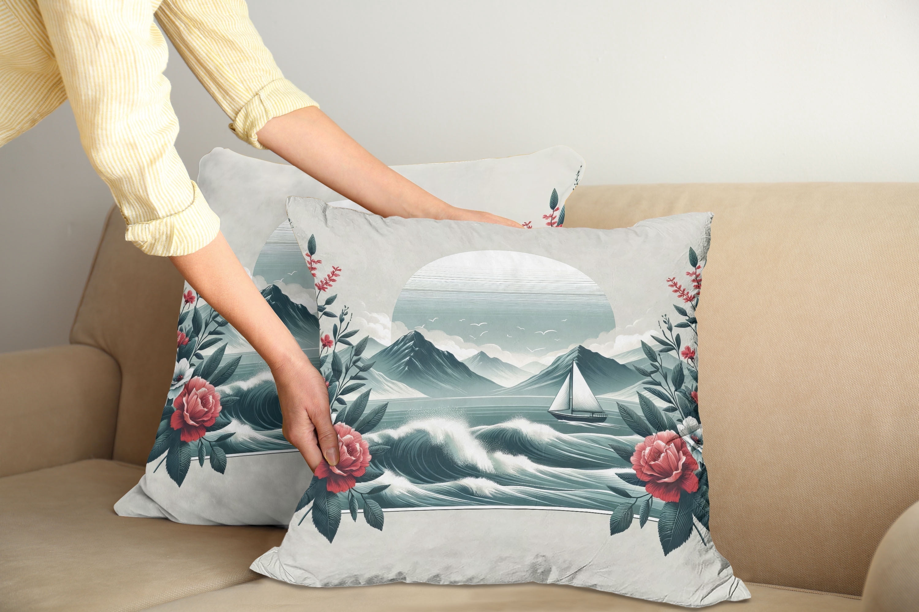 Ambesonne Nautical Throw Pillow Cover Pack of 2, Wild Roses and ...