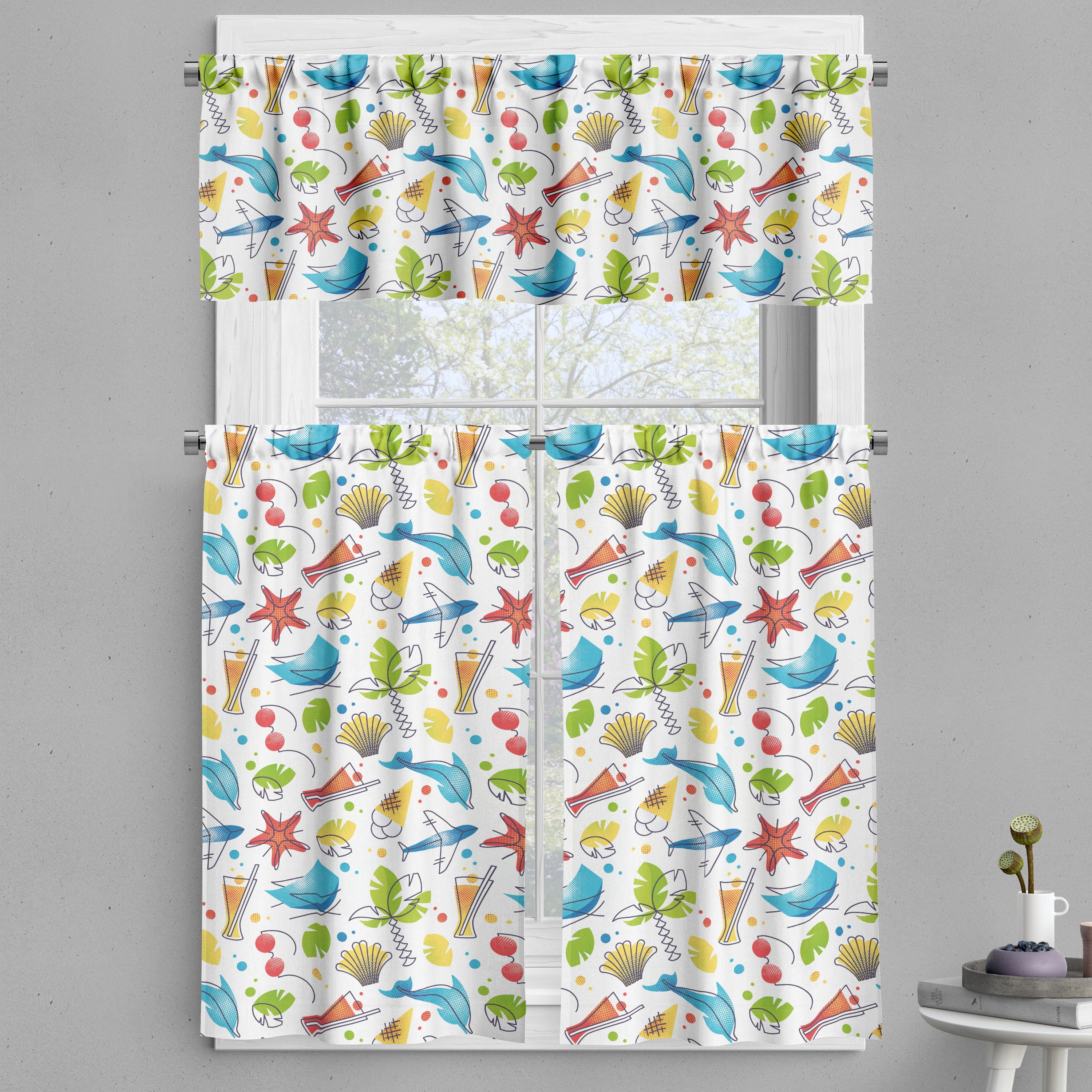 Ambesonne Nautical Valance & Curtain, Dolphin Palm Tree Seashell, 55 ...