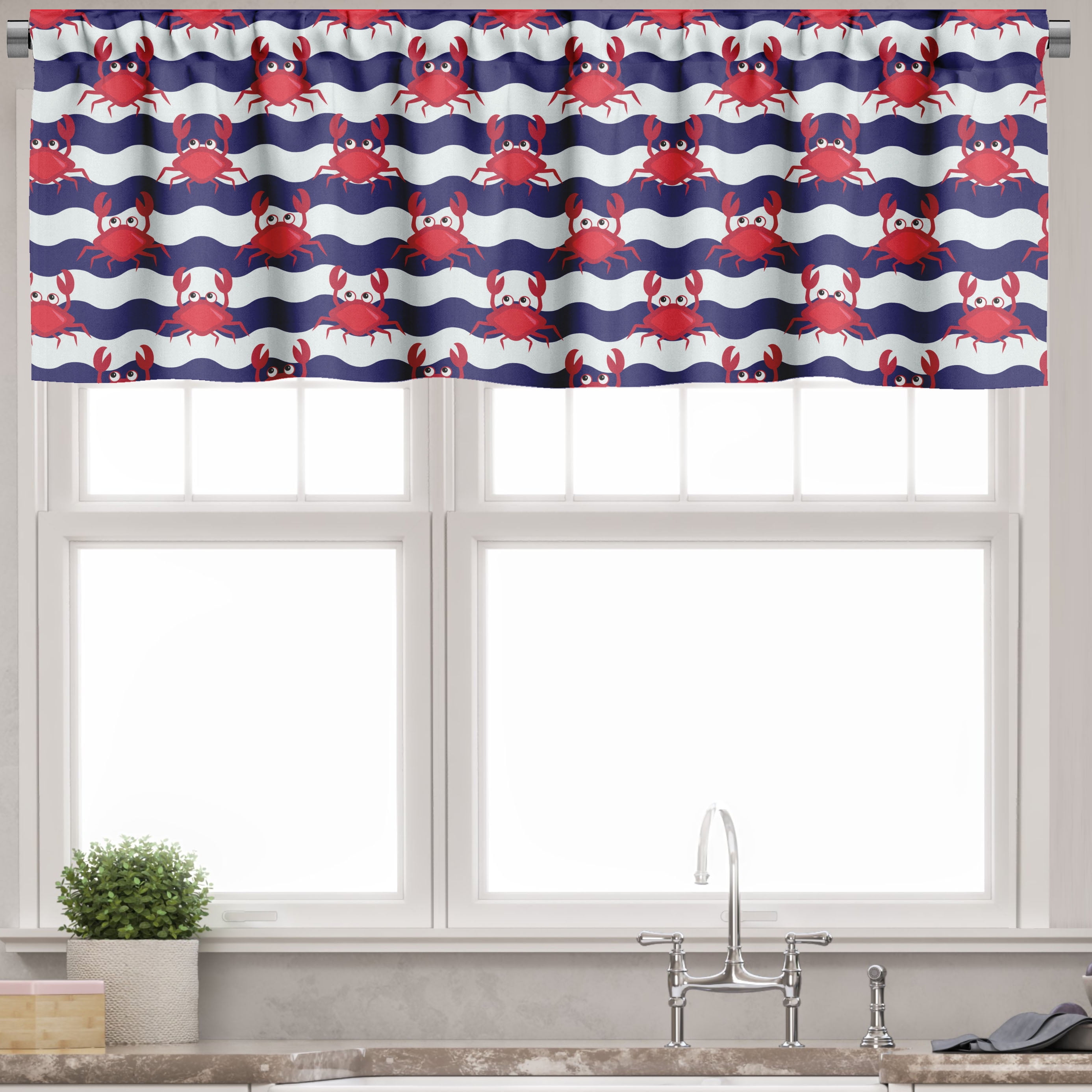 Ambesonne Nautical Valance Pack of 2, Crabs on Striped, 54"X18", Red ...