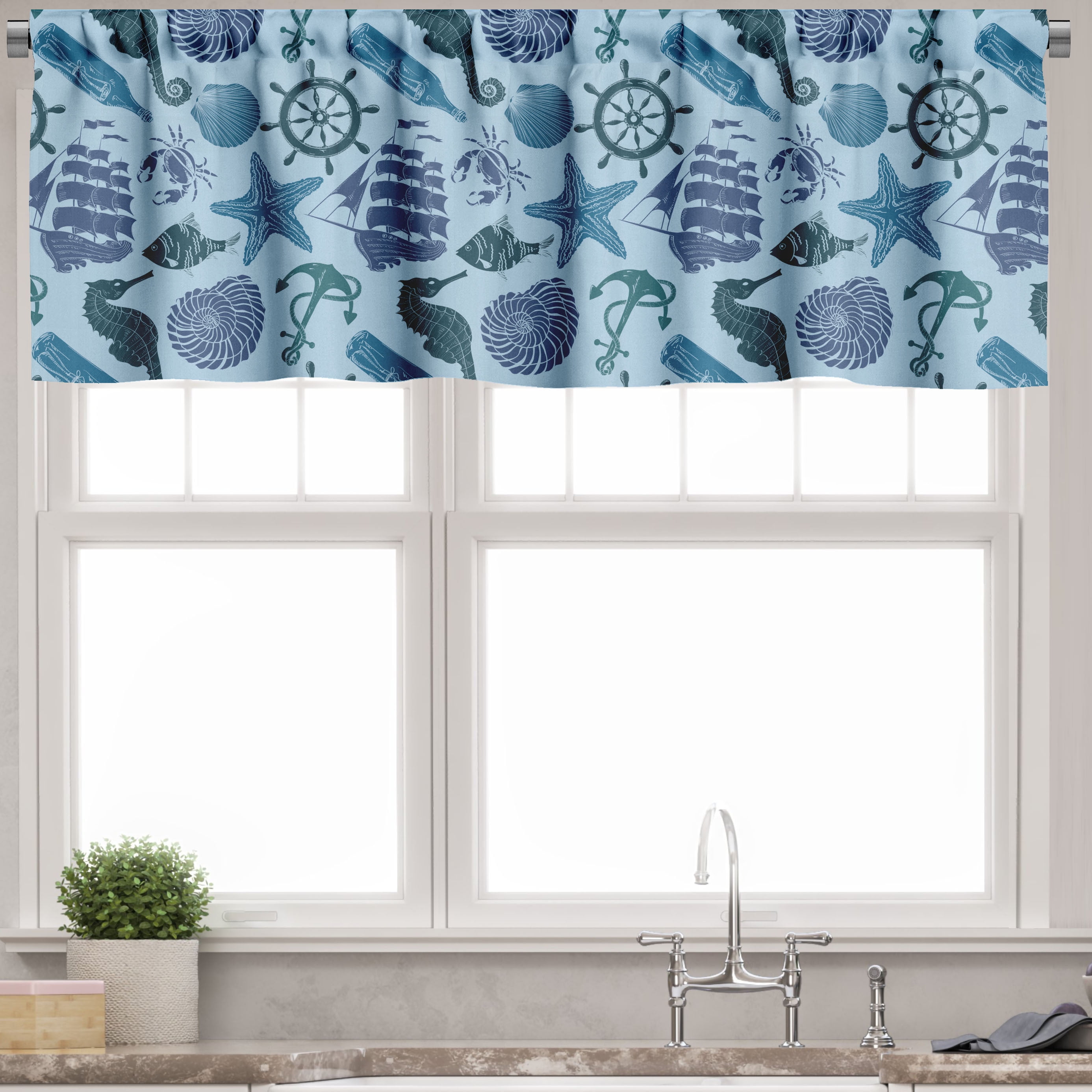 Ambesonne Nautical Valance Pack of 2, Marine Anchor Fish Crabs, 54"X12 ...